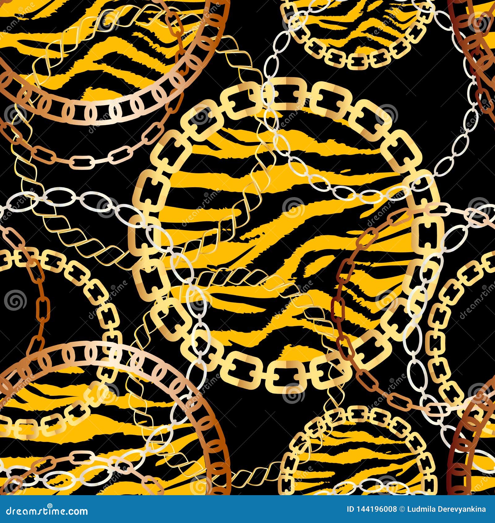 Fashion Seamless Pattern with Golden Chains and Tiger Print. Fabric ...
