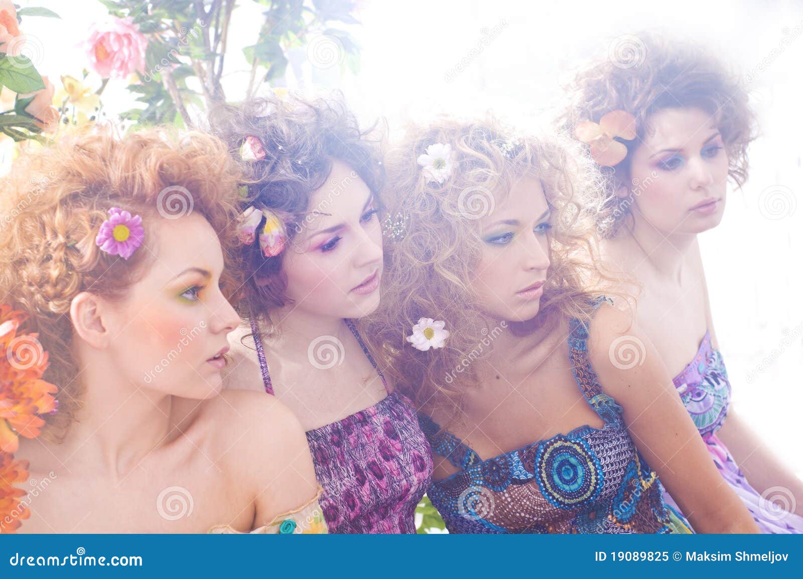 Fashion Shoot of Young Nymphs in a Flower Forest Stock Image - Image of ...