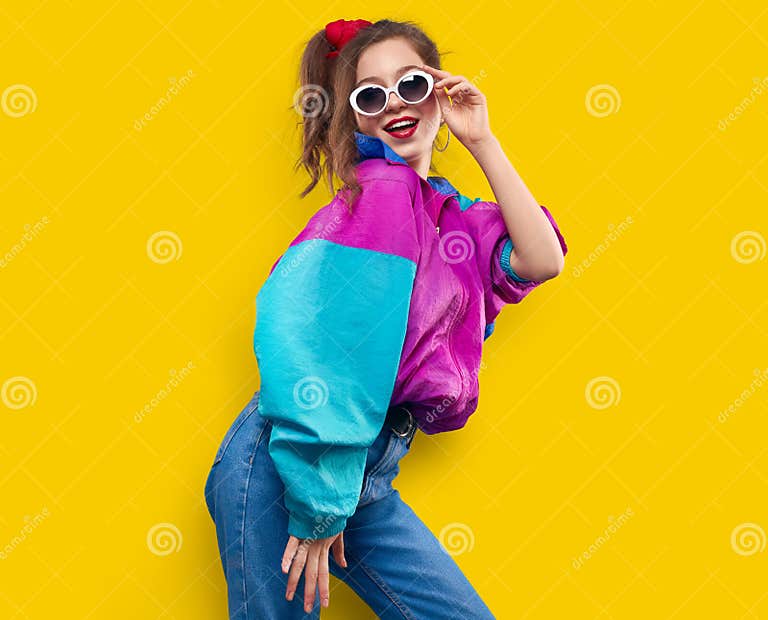 Fashion Teenager Girl In Vintage Sunglasses 80s 90s Style Party Stock