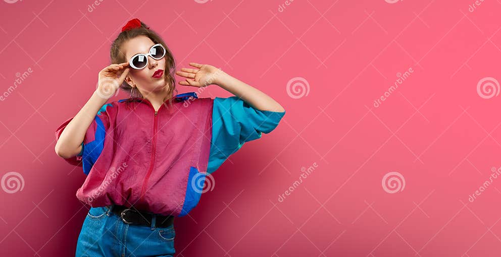 Fashion Teenager Girl In Vintage Sunglasses 80s 90s Style Party Stock