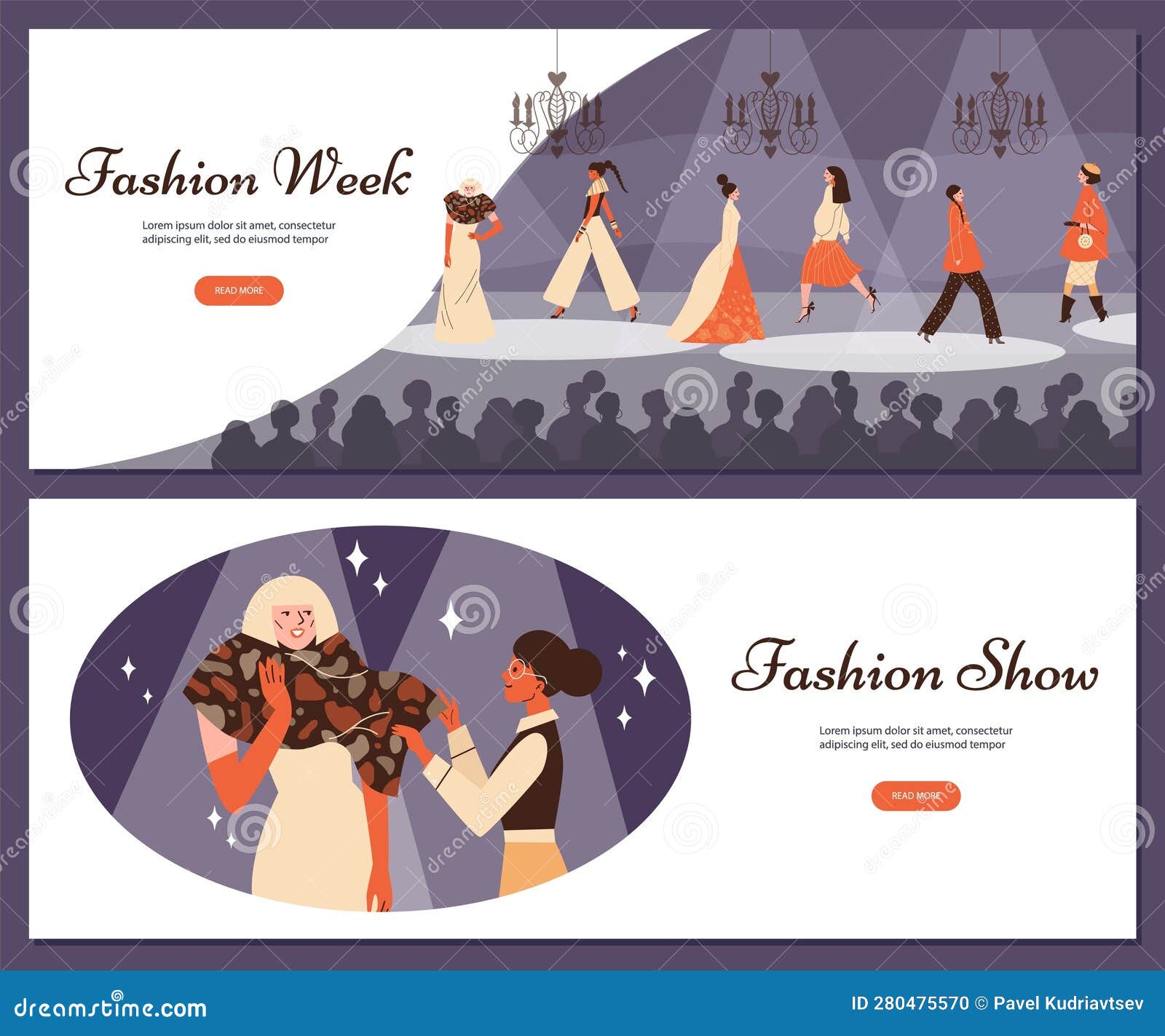 Fashion Week Show Banners or Flyers Bundle with Models Flat Vector ...