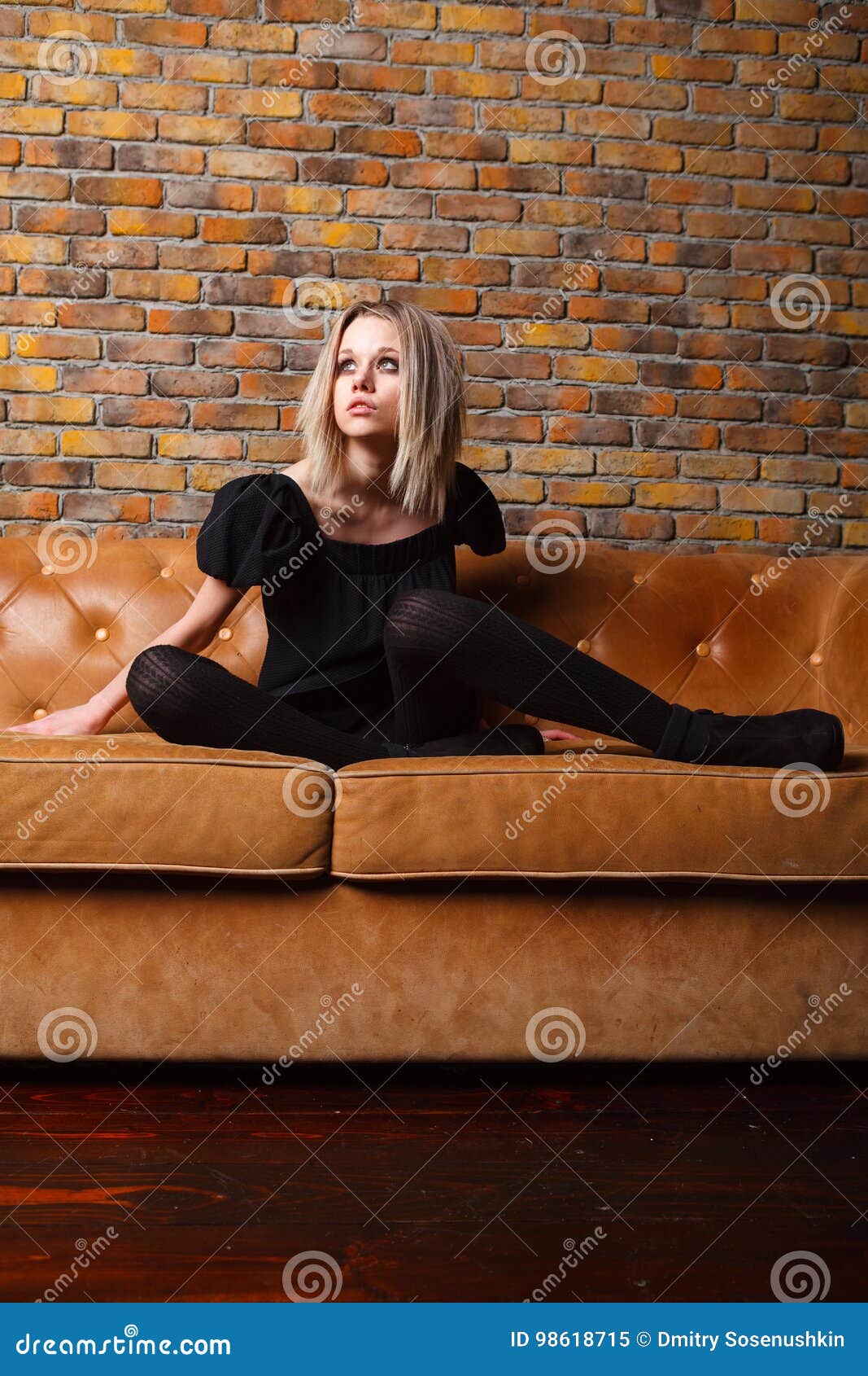 Fashion Young Girl on Leather Sofa Stock Image - Image of dress, model ...