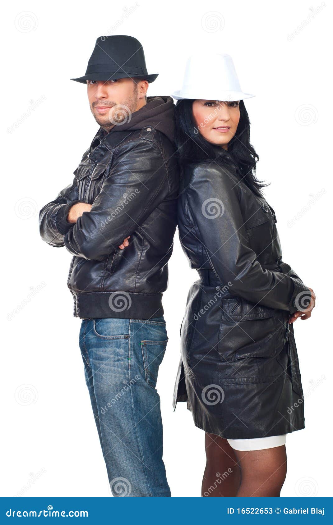Fashionable Couple in Leather Jackets and Hats Stock Image - Image of ...