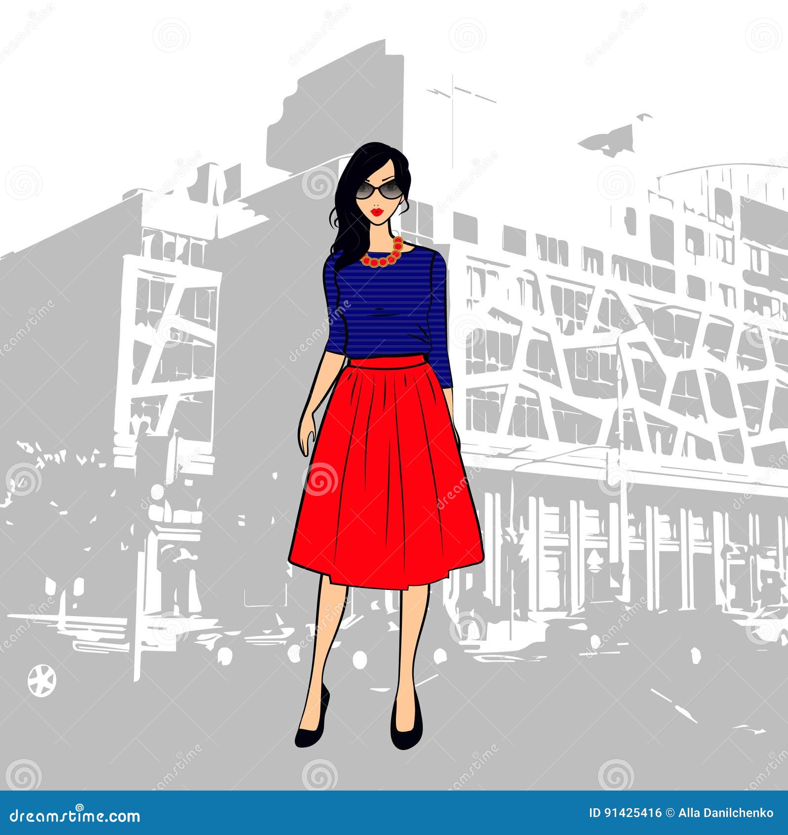 Fashionable Cute Brunette Girl In A Striped Top And Red Midi Skirt In The City Stock Vector