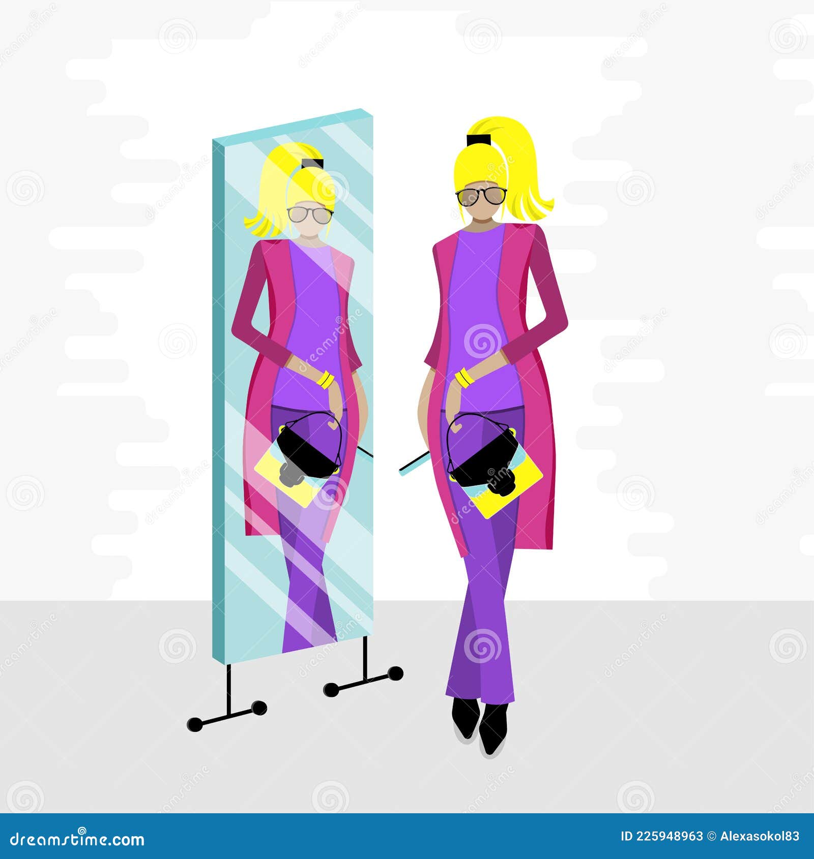 Fashionable Girl Looking In Mirror Flat Vector Illustration Stock