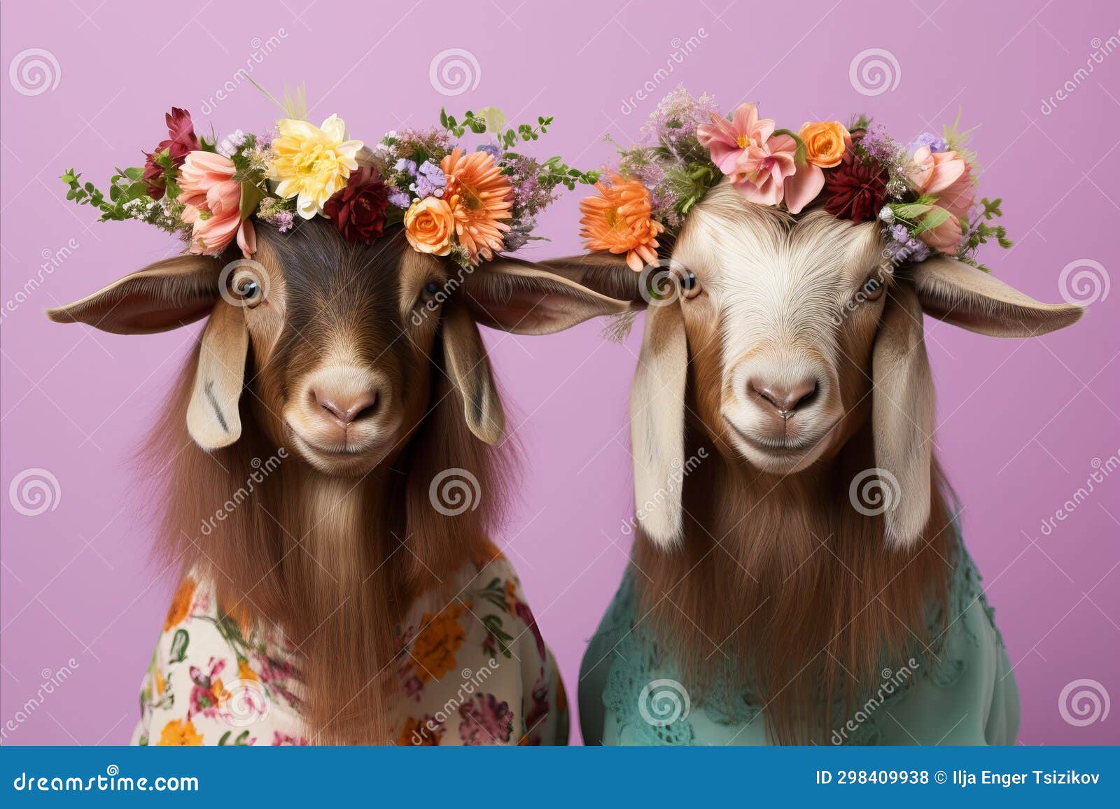 Fashionable Happy Goats Posed On Solid Pastel Color Background With ...