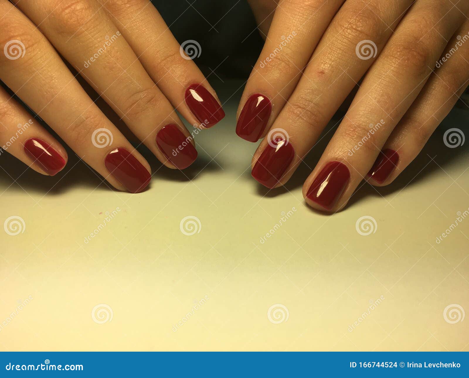 Fashionable Red Manicure on Short Square Nails Stock Photo - Image of ...