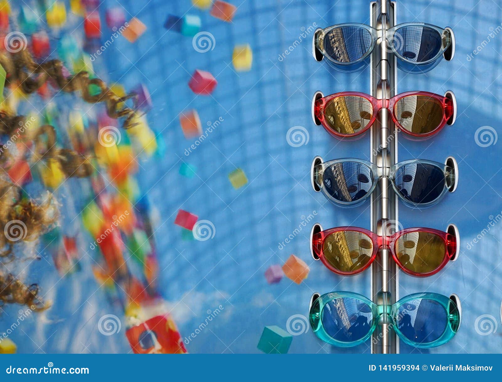 Fashionable Sunglasses of Different Models on Blue Background Stock ...