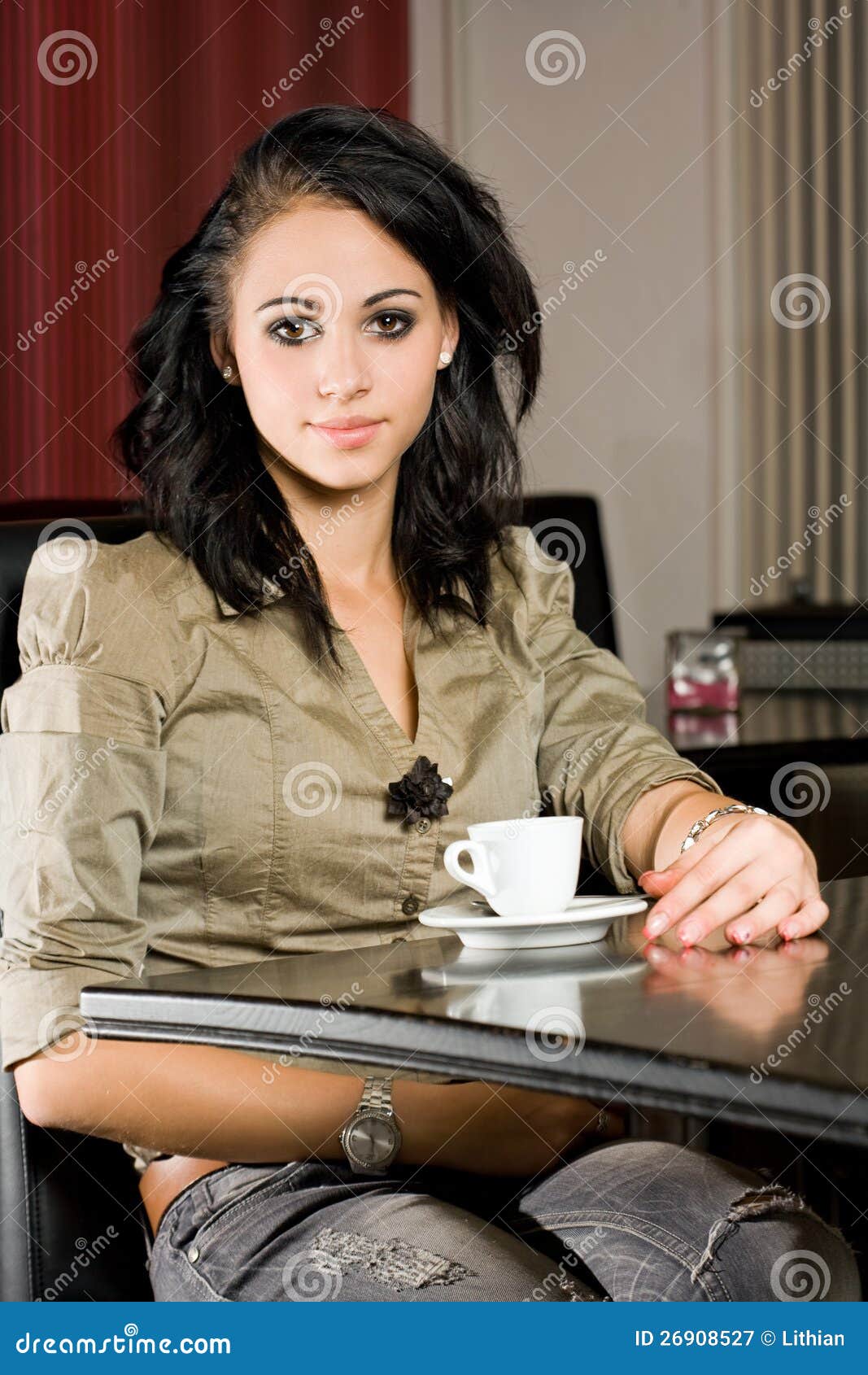 Fashionable Young Brunette Woman Having Coffee Stock Image Image Of