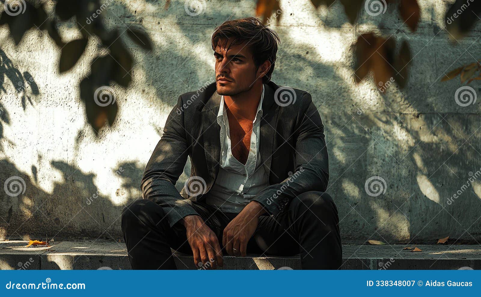 Fashionably Dressed Man Sitting on Bench Shadows from Tree Branches on ...