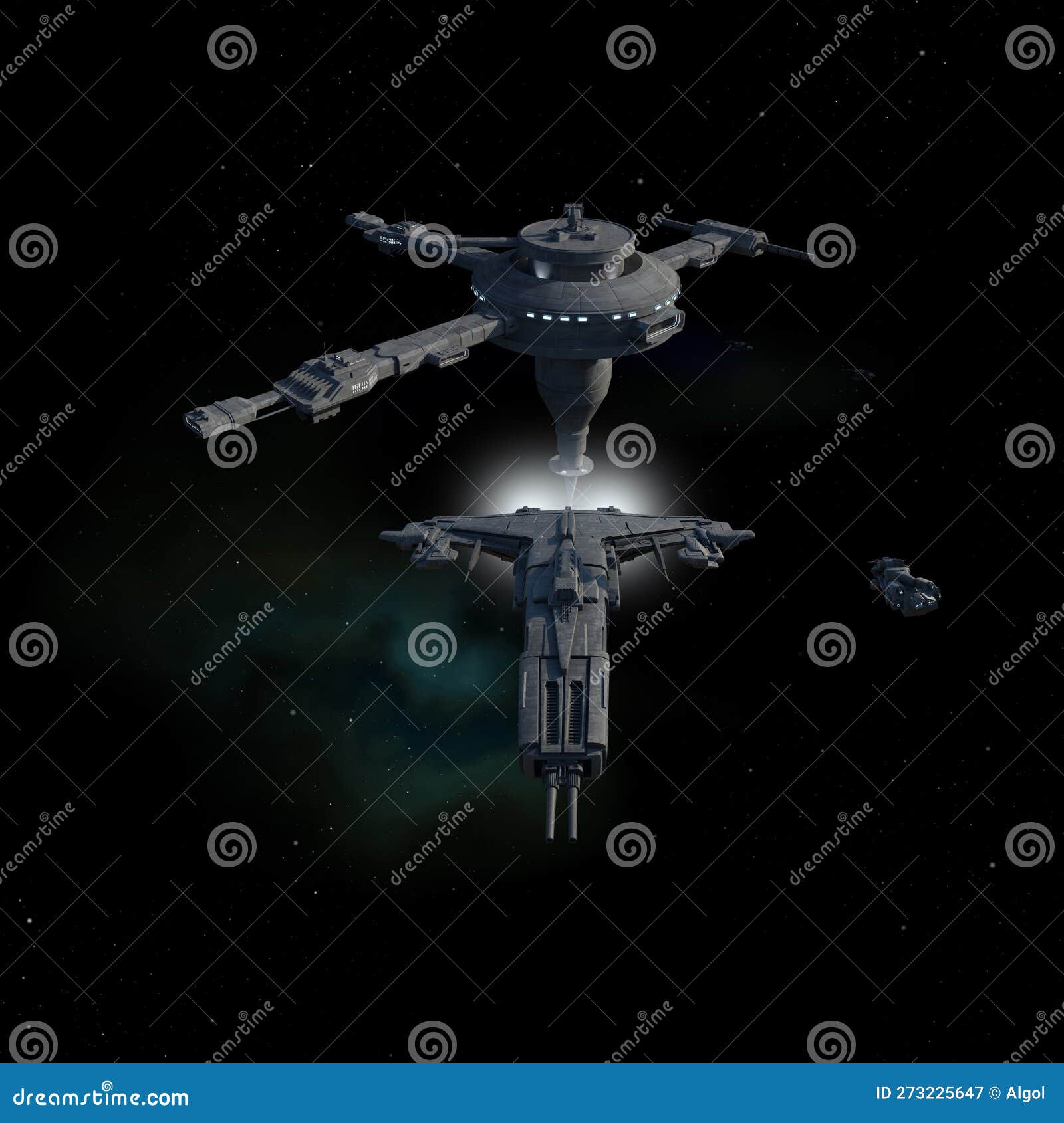 Fast Attack Space Ship Leaving a Deep-Space Space Station Stock ...