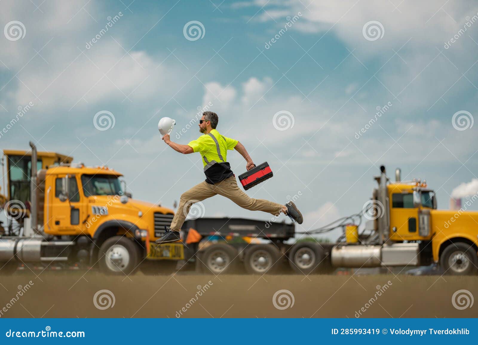 Fast Building. Funny Construction Worker Jumping. Excited Jump of ...
