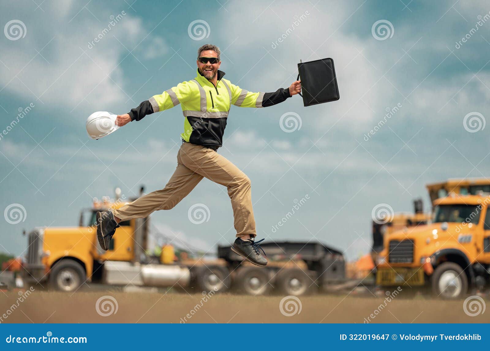 Fast Building. Funny Construction Worker Jumping. Excited Jump of ...