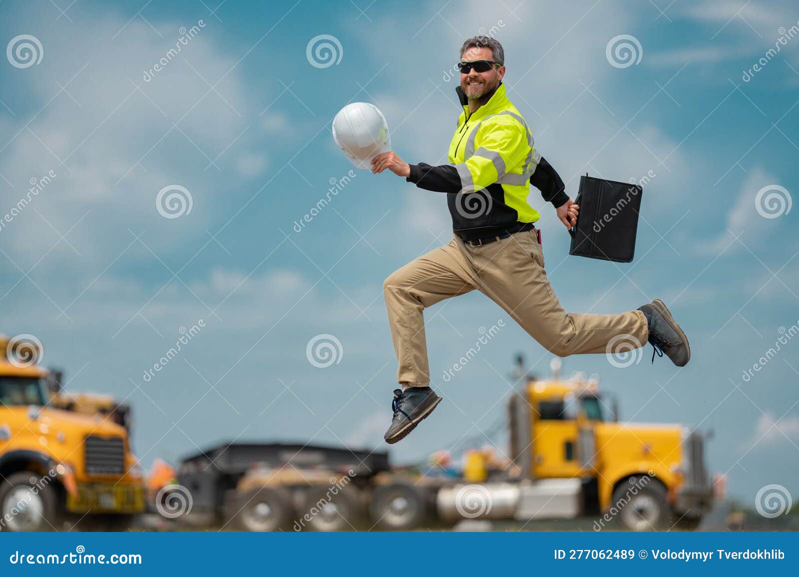 Fast Building. Funny Construction Worker Jumping. Excited Jump of ...