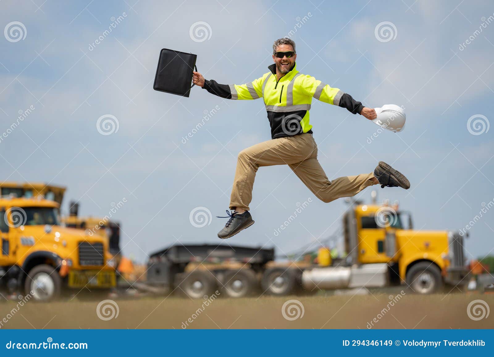Fast Building. Funny Construction Worker Jumping. Excited Jump of ...