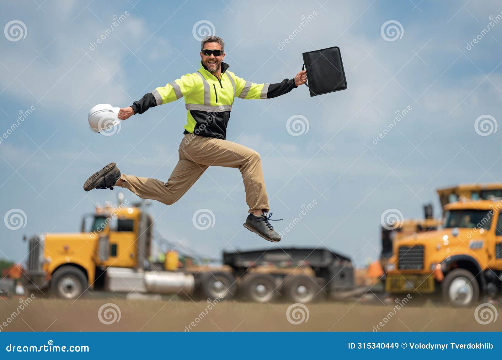 Fast Building. Funny Construction Worker Jumping. Excited Jump of ...