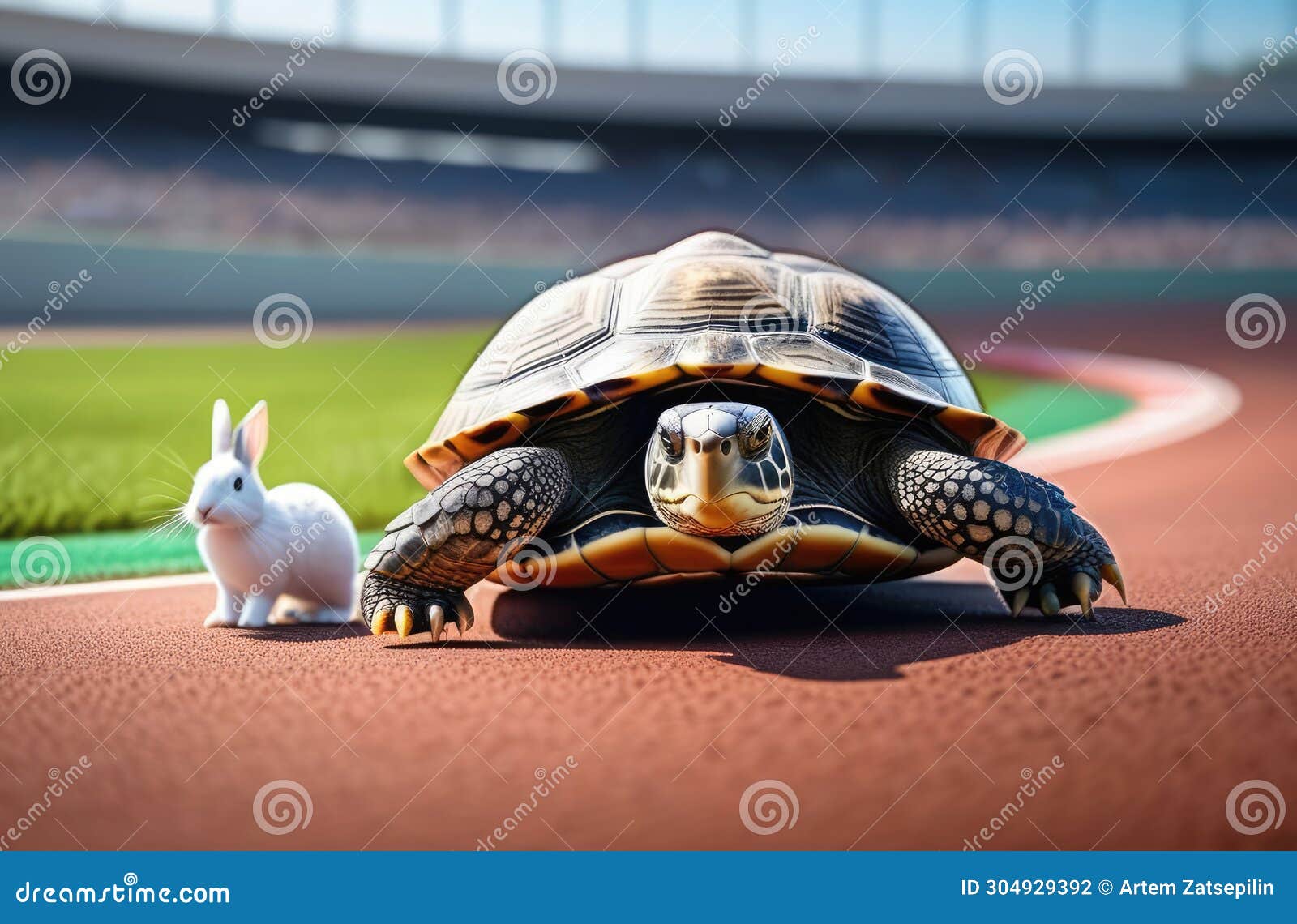 Fast Bunny Versus Slow Turtle at Racing Track of Stadium, Illustration ...