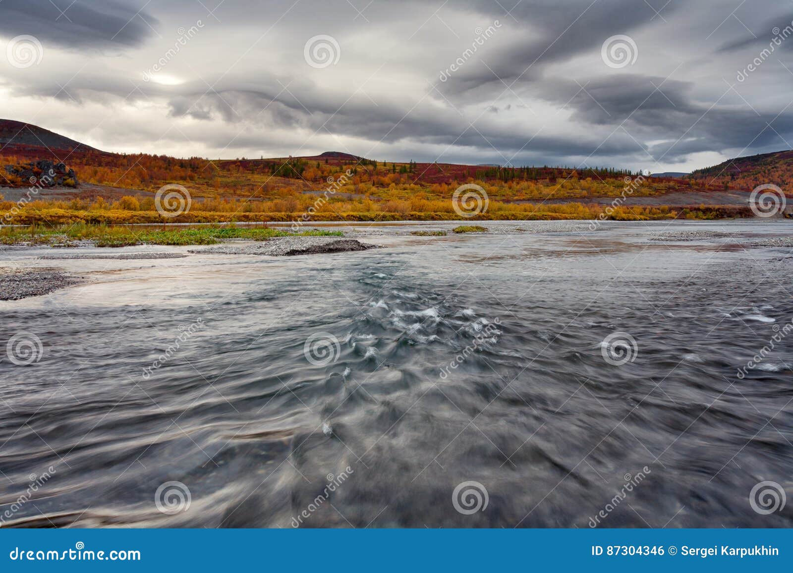 The Fast Current on the River and the Autumn Scenery Around. Stock ...