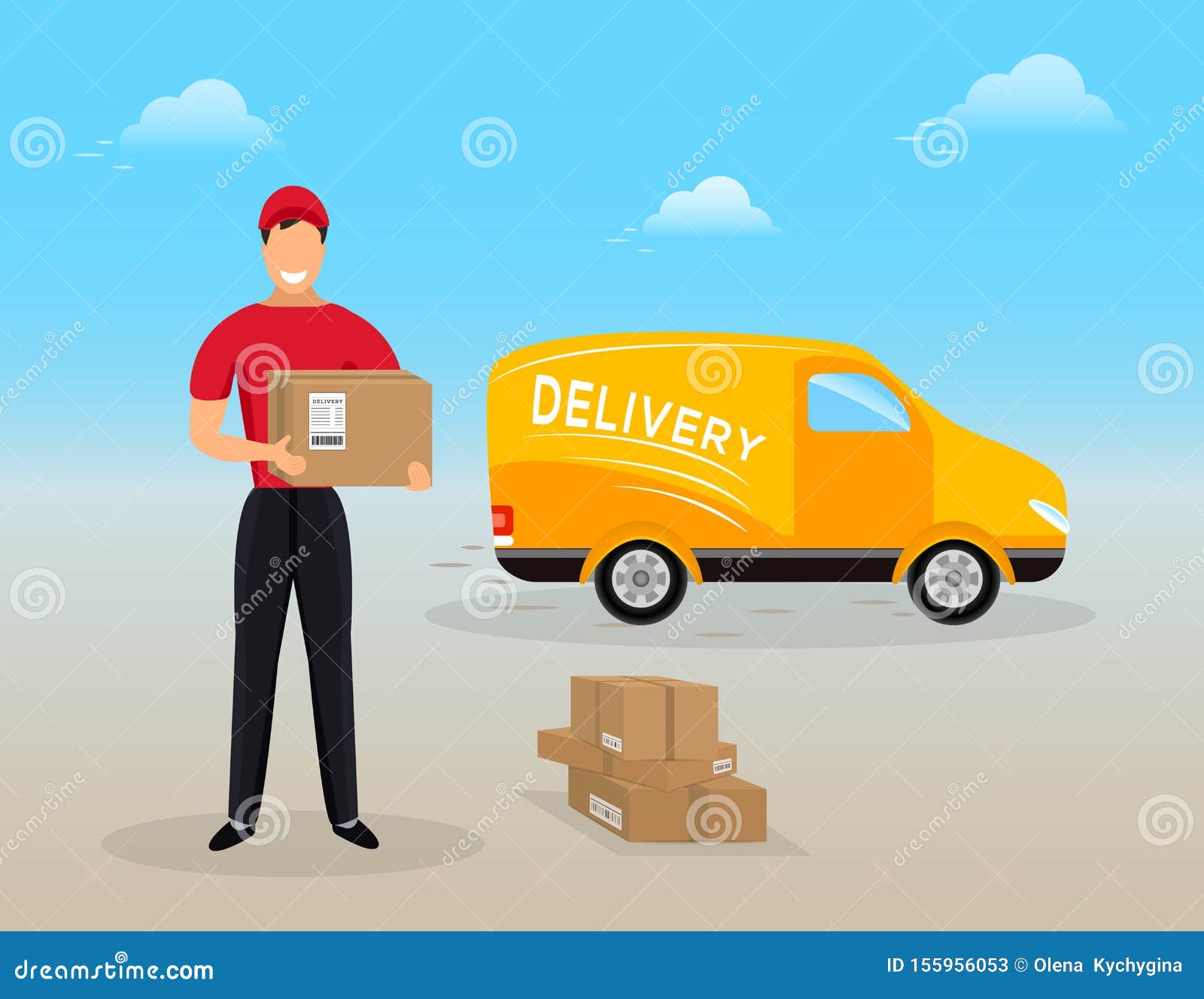 Fast Delivery Man in Red Uniform Standing in Front of Truck with Stack ... Fast Delivery Man in Red Uniform Standing in Front of Truck with Stack ...