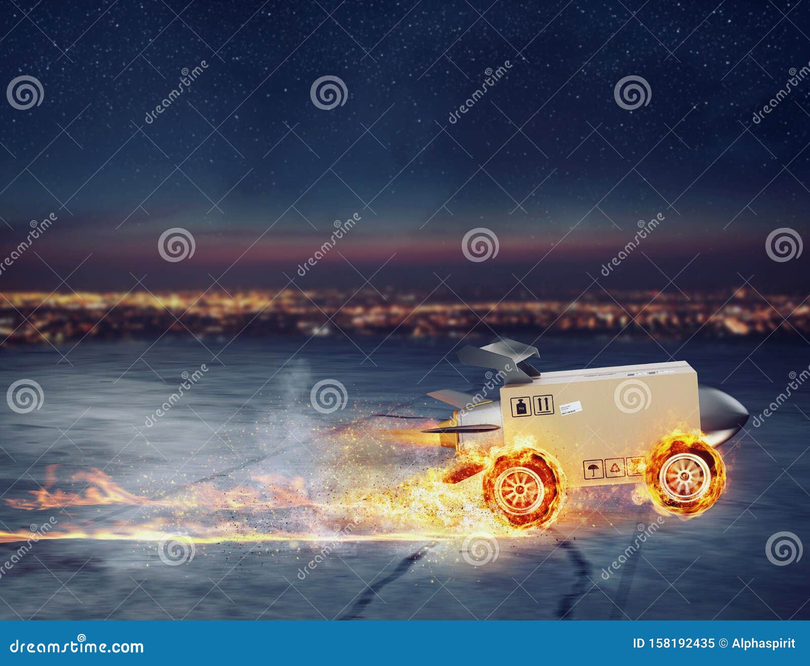 Fast Delivery of Package Box Like a Rocket with Wheels on Fire Stock ...