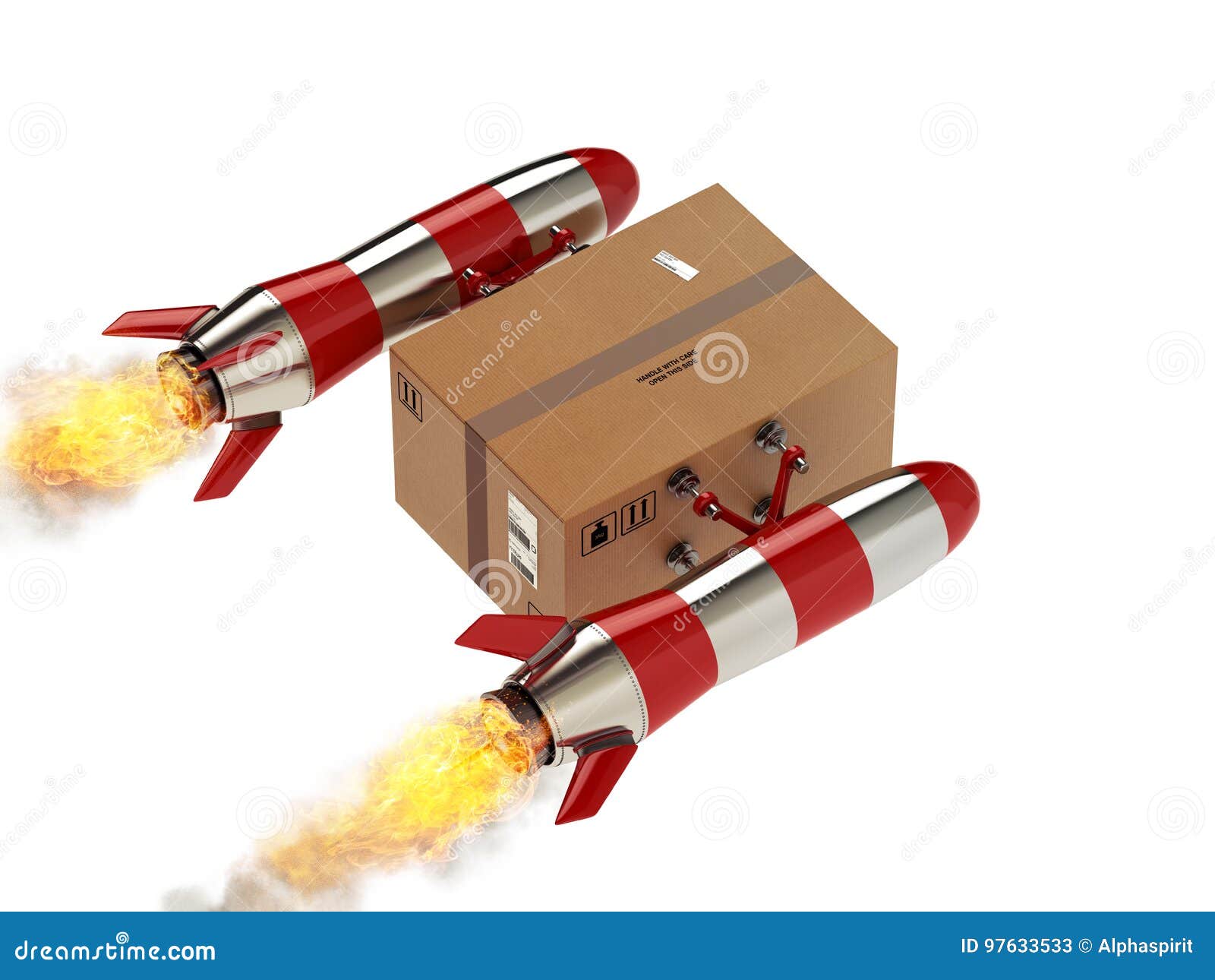 Fast Delivery of Package by Turbo Rocket. 3D Rendering Stock Image ...