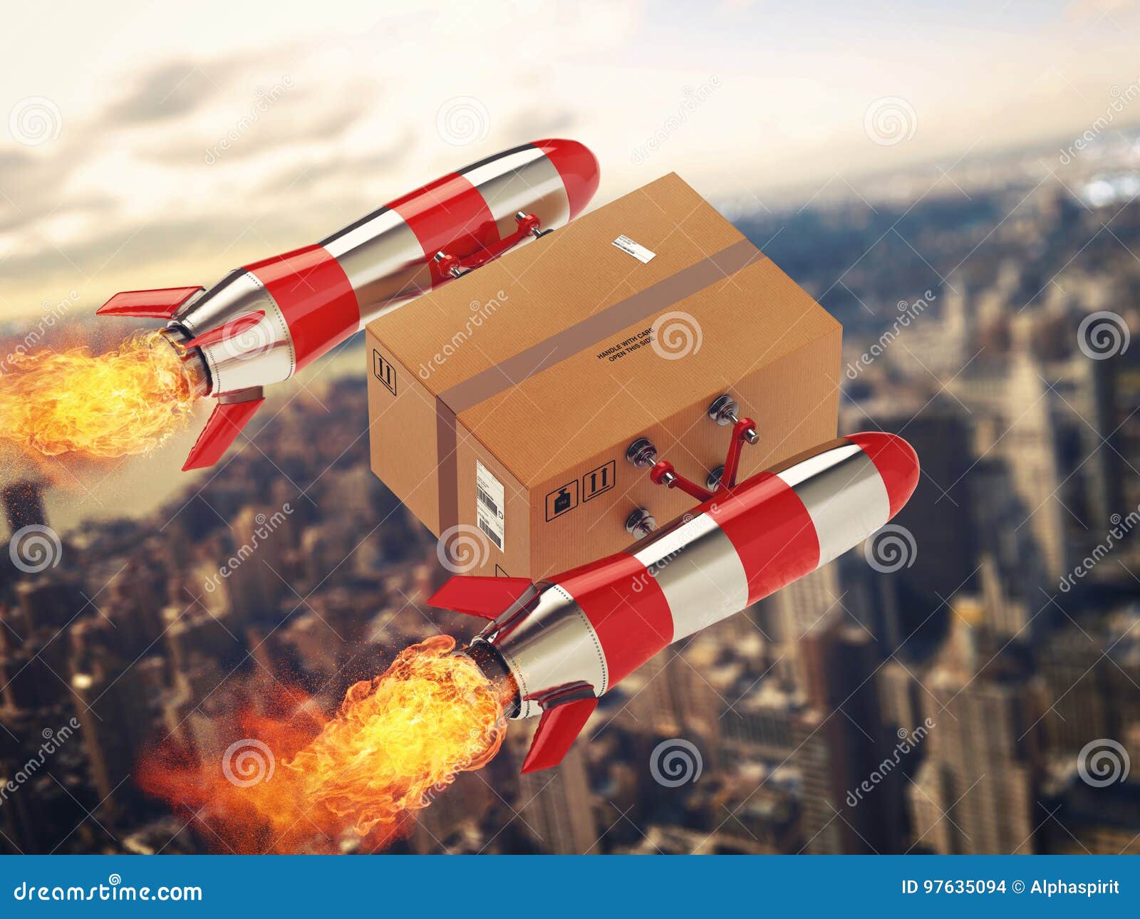 Fast Delivery of Package by Turbo Rocket. 3D Rendering Stock Photo ...