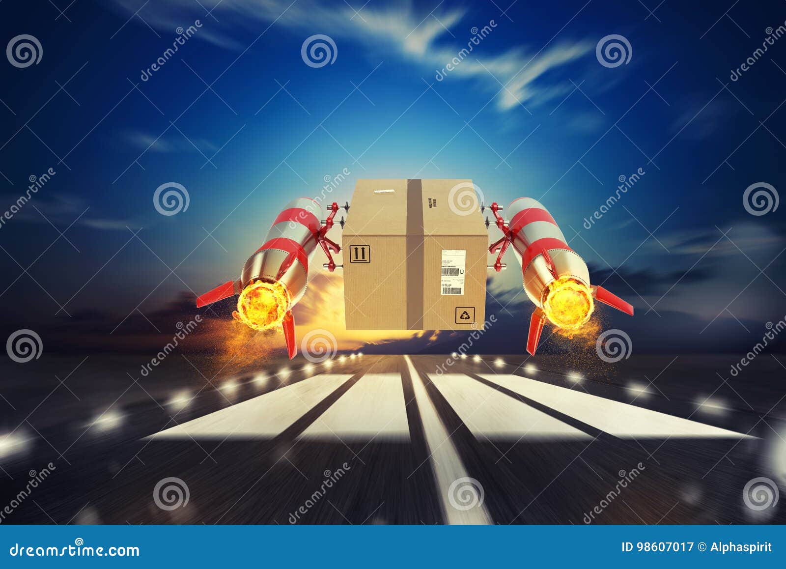 Fast Delivery of Package by Turbo Rocket. 3D Rendering Stock ...