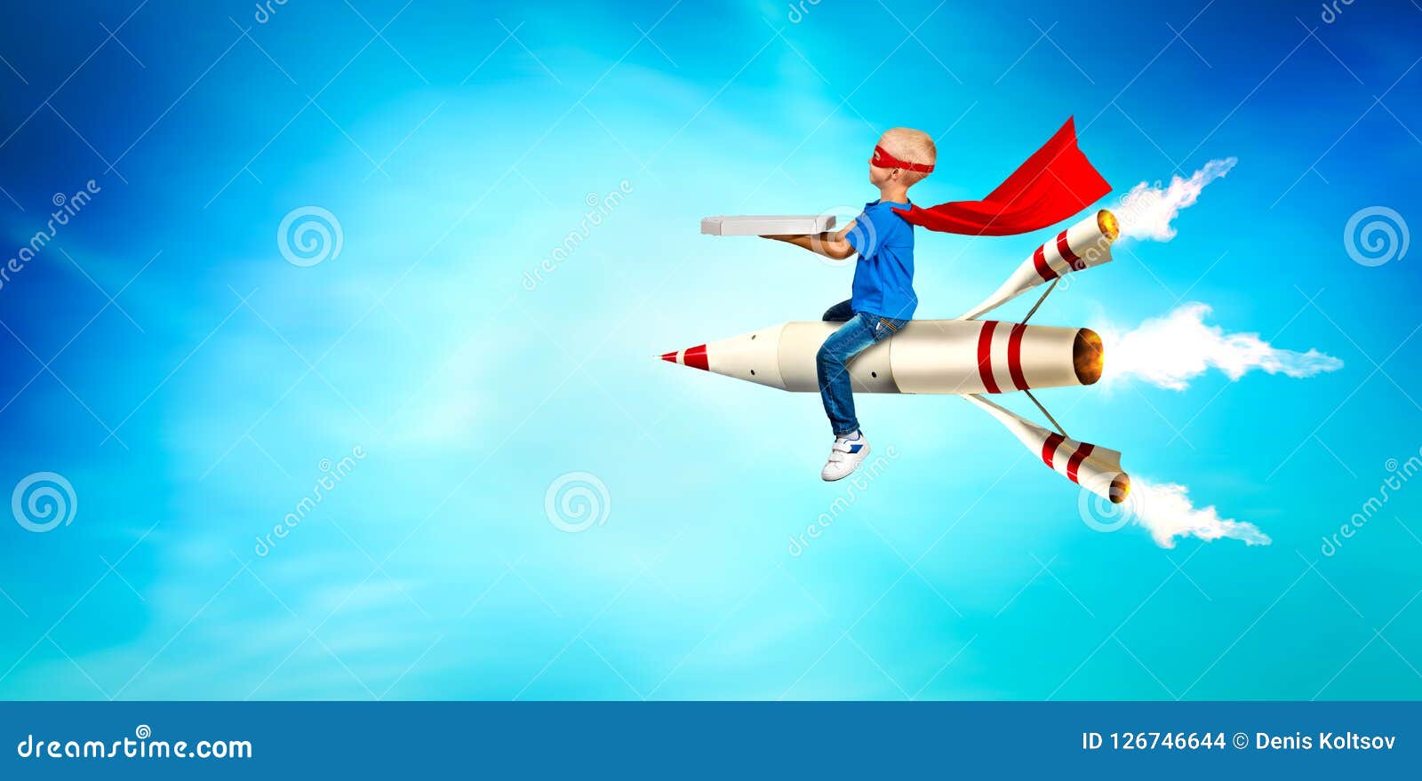 The Superhero on the Rocket Delivers Pizza.Fast Delivery. Stock Photo ...