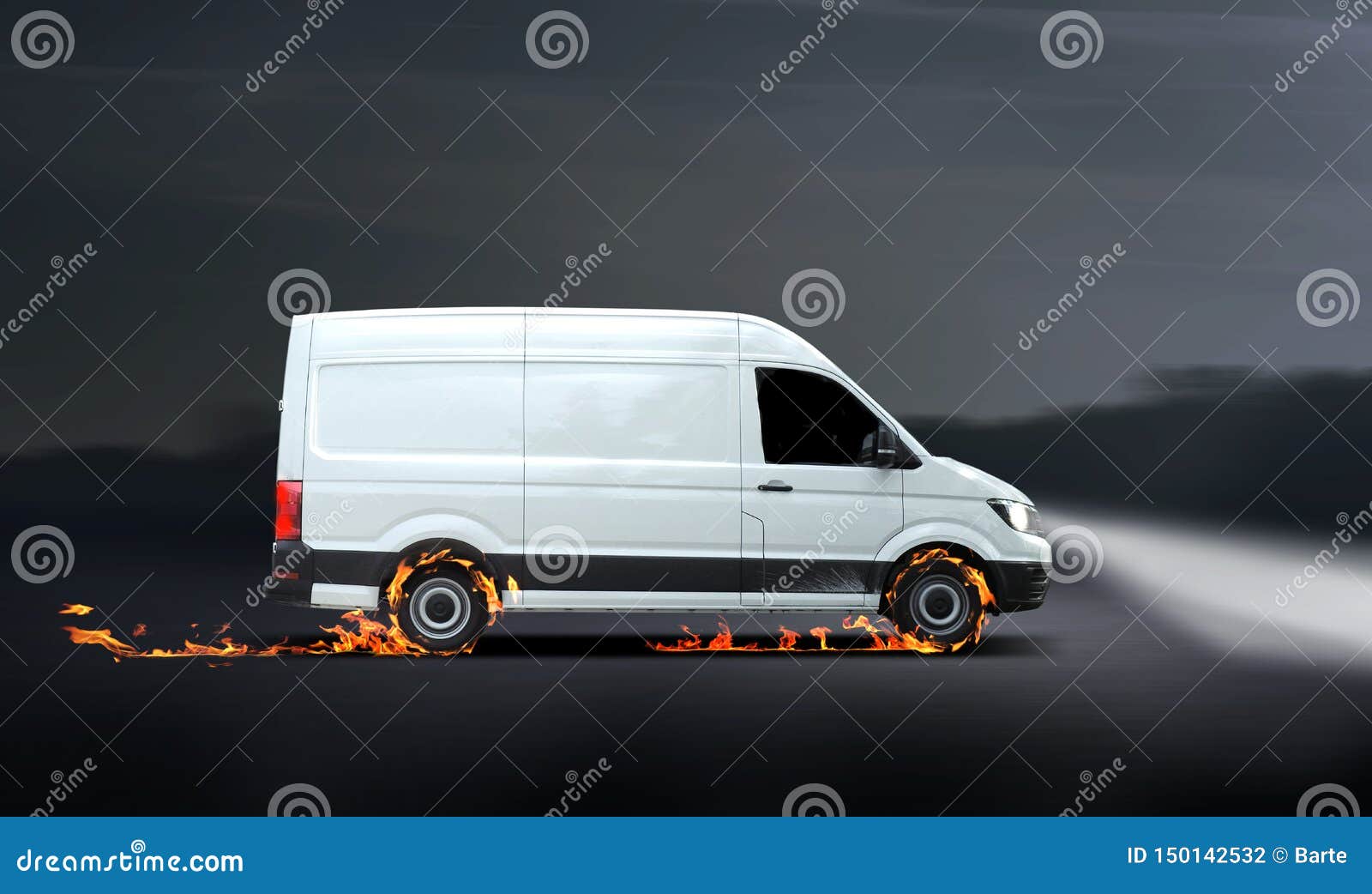 Fast Delivery Van with Burning Tires Stock Photo - Image of drive ...