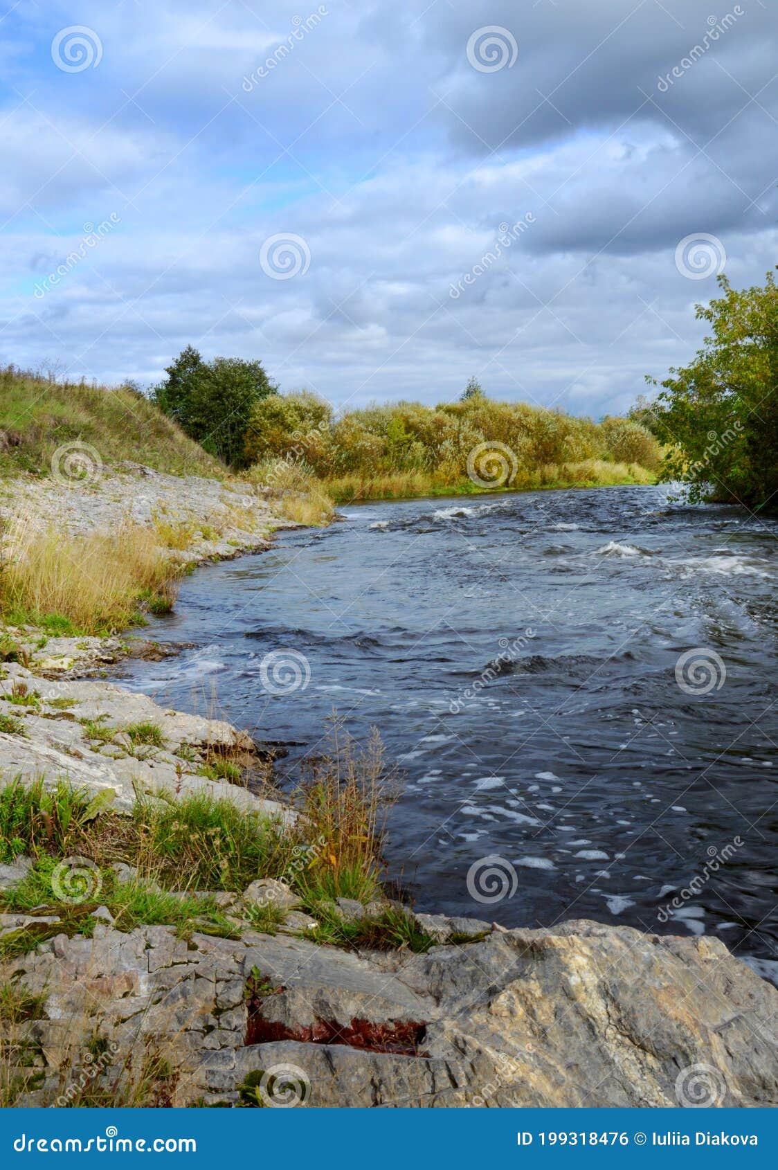 The Fast Flow of a Shallow River among the Green Banks. River Flow ...