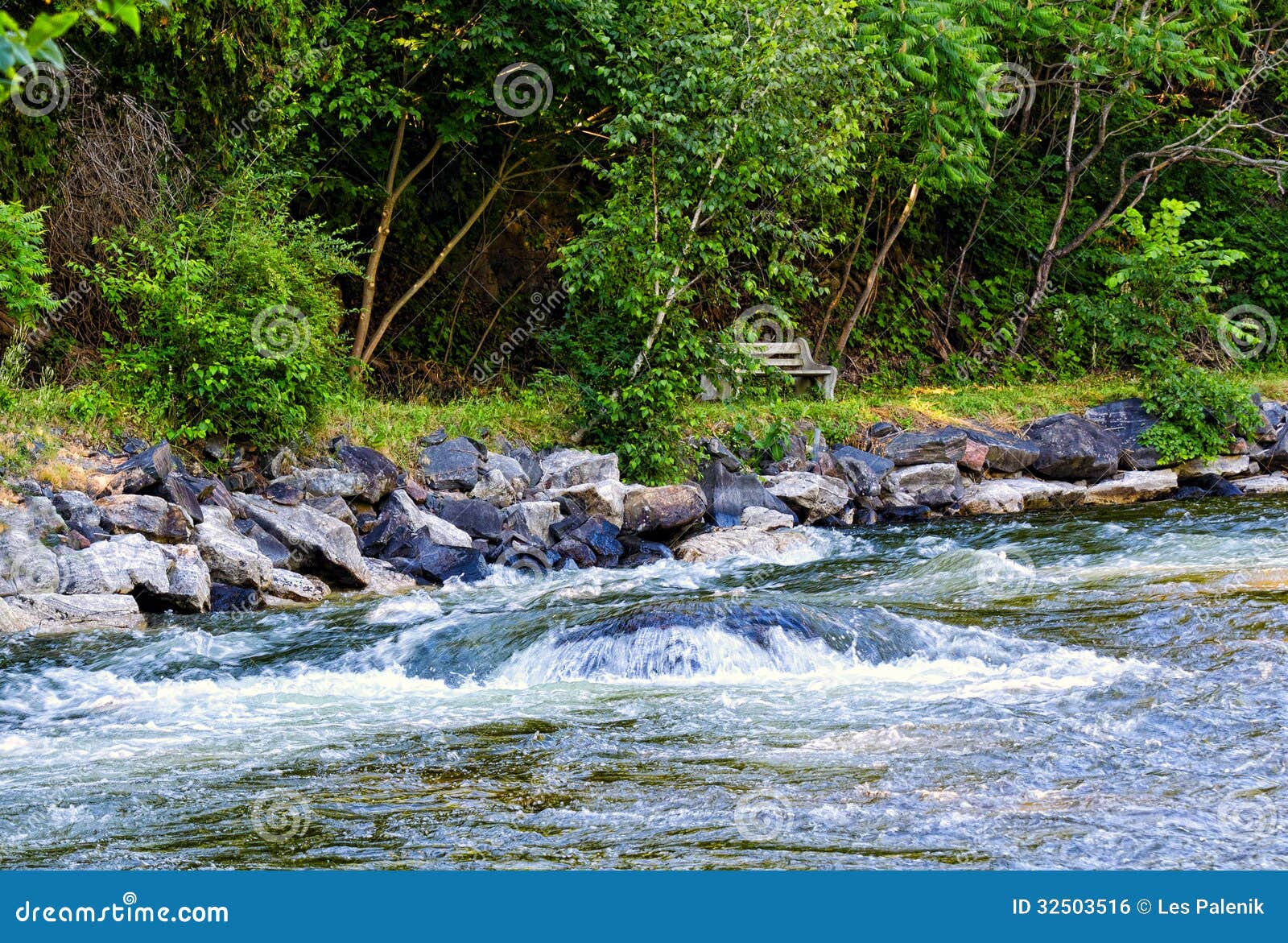 Fast Flowing River and a Bench on the River Bank Stock Photo - Image of ...