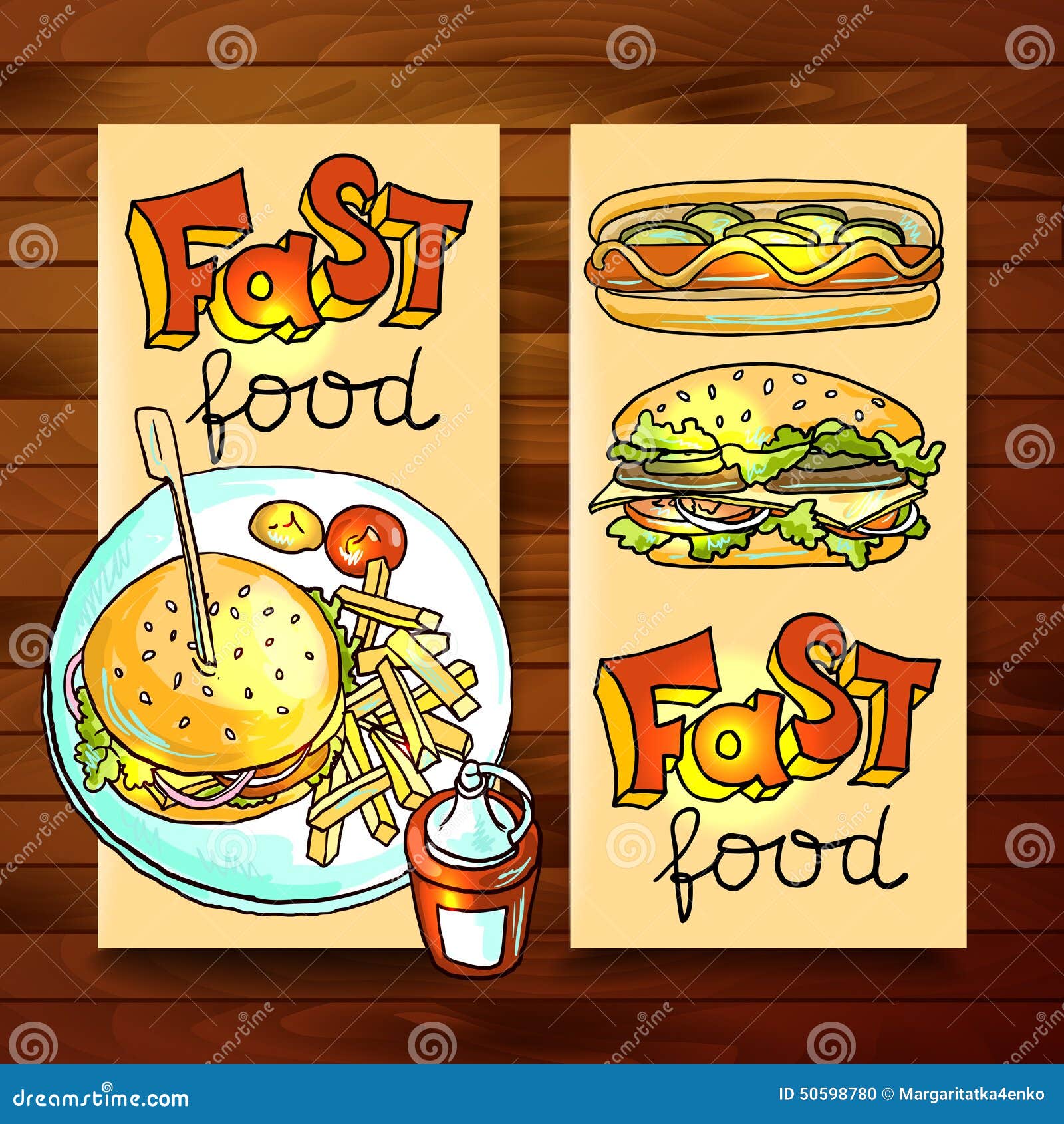 Banners Of Fast Food Sketch Design. Hand Drawn Illustrations. Splash ...