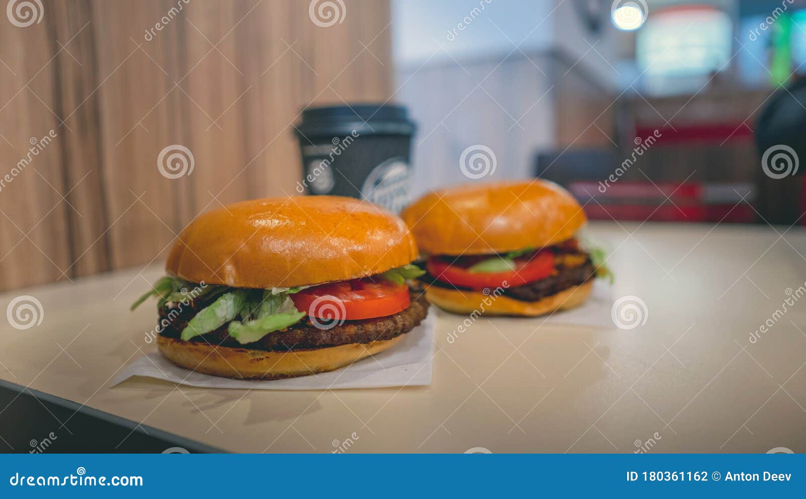 Fast Food Burger. Hamburger Table in Fast Food Restaurant Stock Photo ...