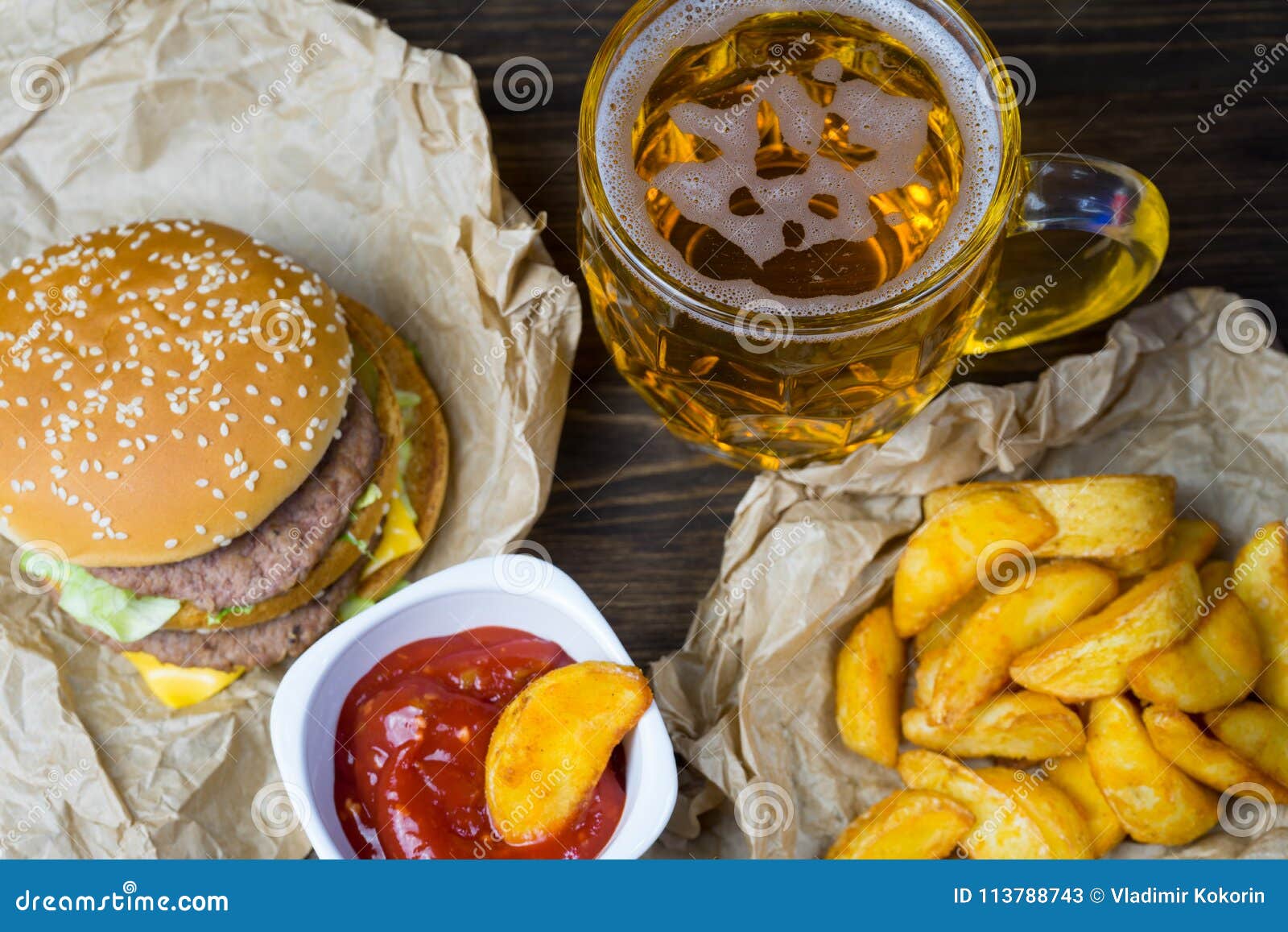 Fast Food and a Chilled Glass of Fresh Light Beer. Stock Image - Image ...