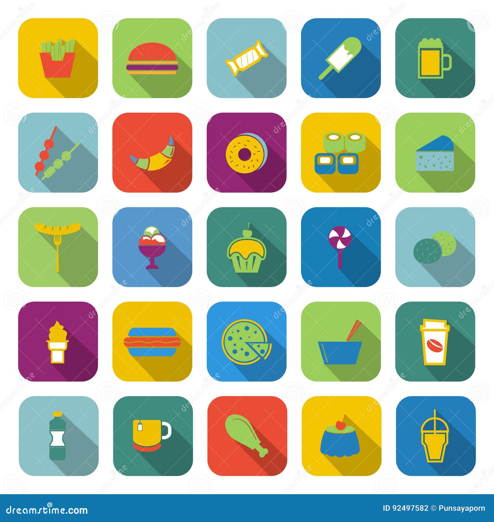 Fast Food Color Icons with Long Shadow Stock Vector - Illustration of ...