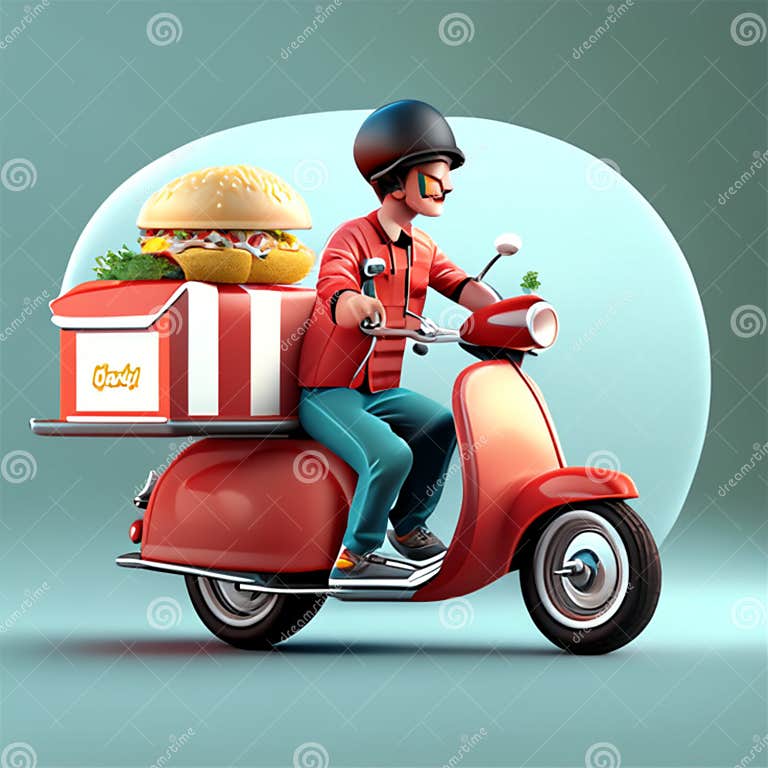 Fast Food Delivery Service Delivery Man Riding Scooter With Hamburger
