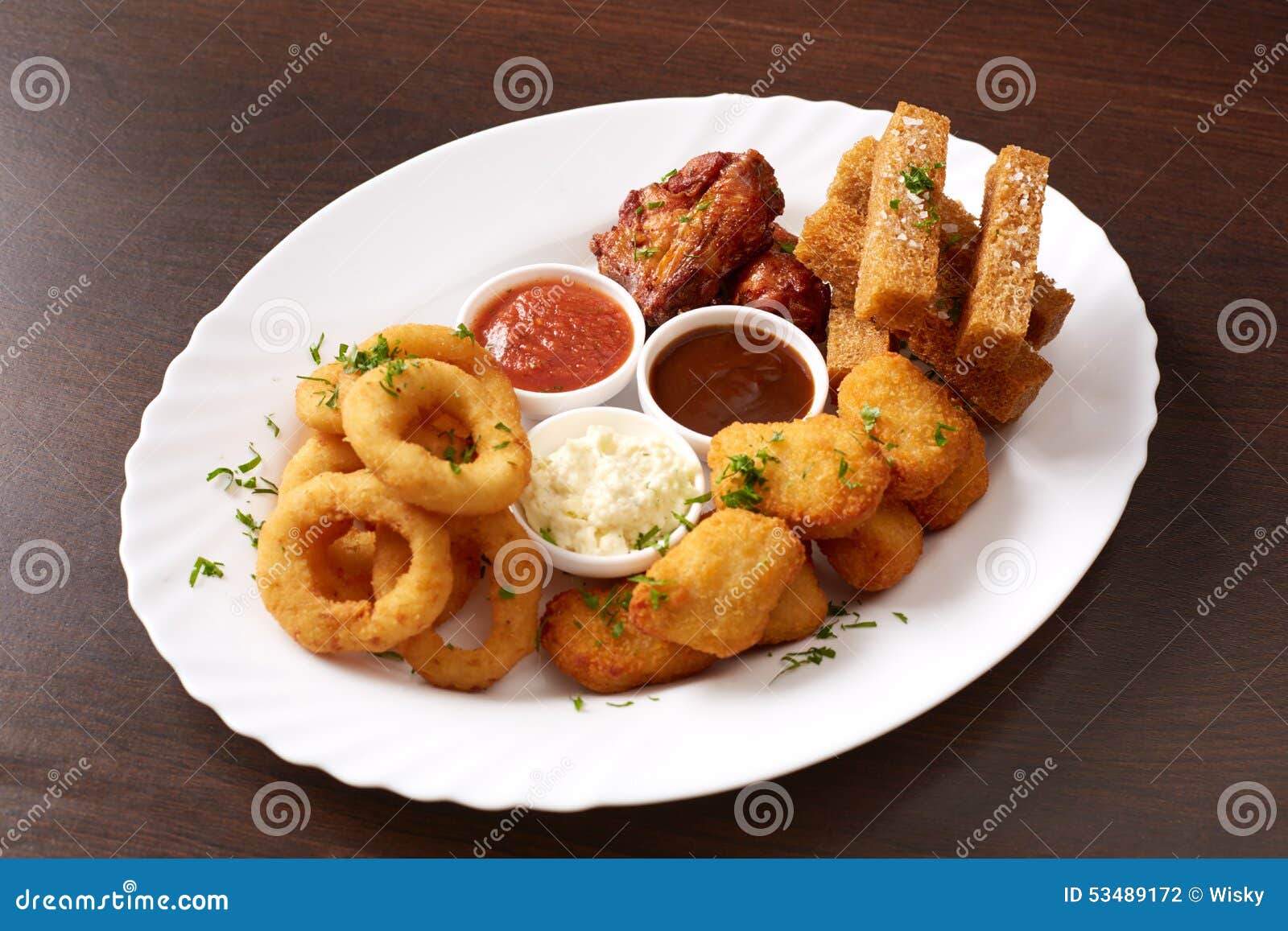 Fast Food. Dish with Snacks and Sauces, Close-up Stock Photo - Image of ...