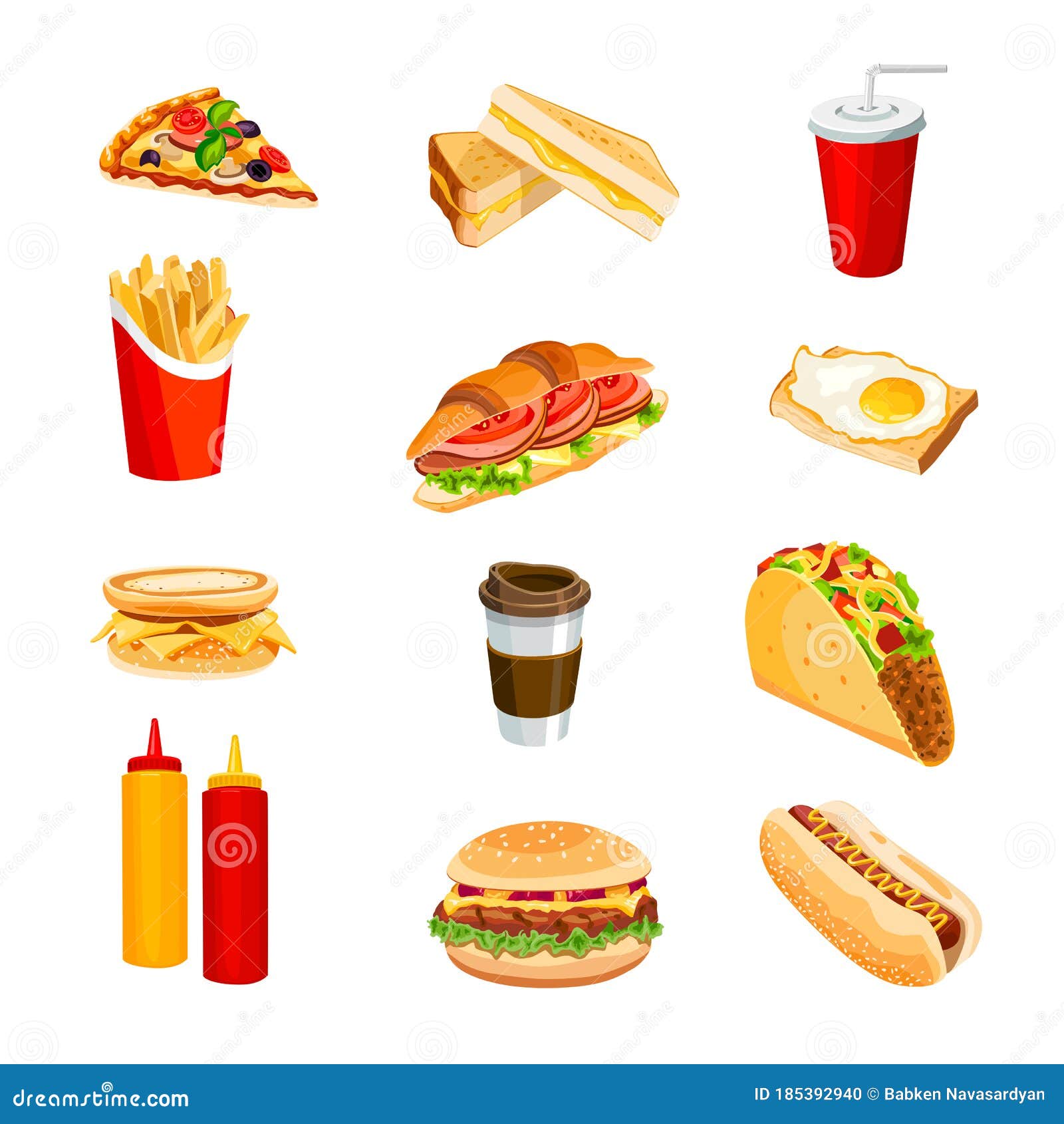 Fast food and drinks stock vector. Illustration of burger - 185392940
