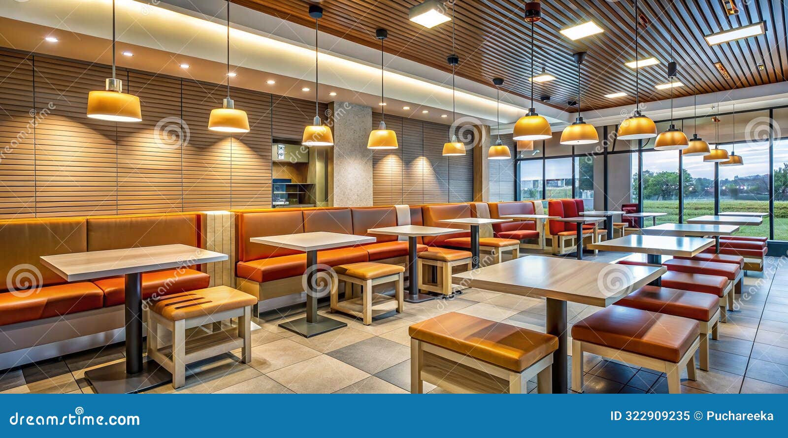 Fast Food Establishment with Contemporary Interior Lighting and Seating ...