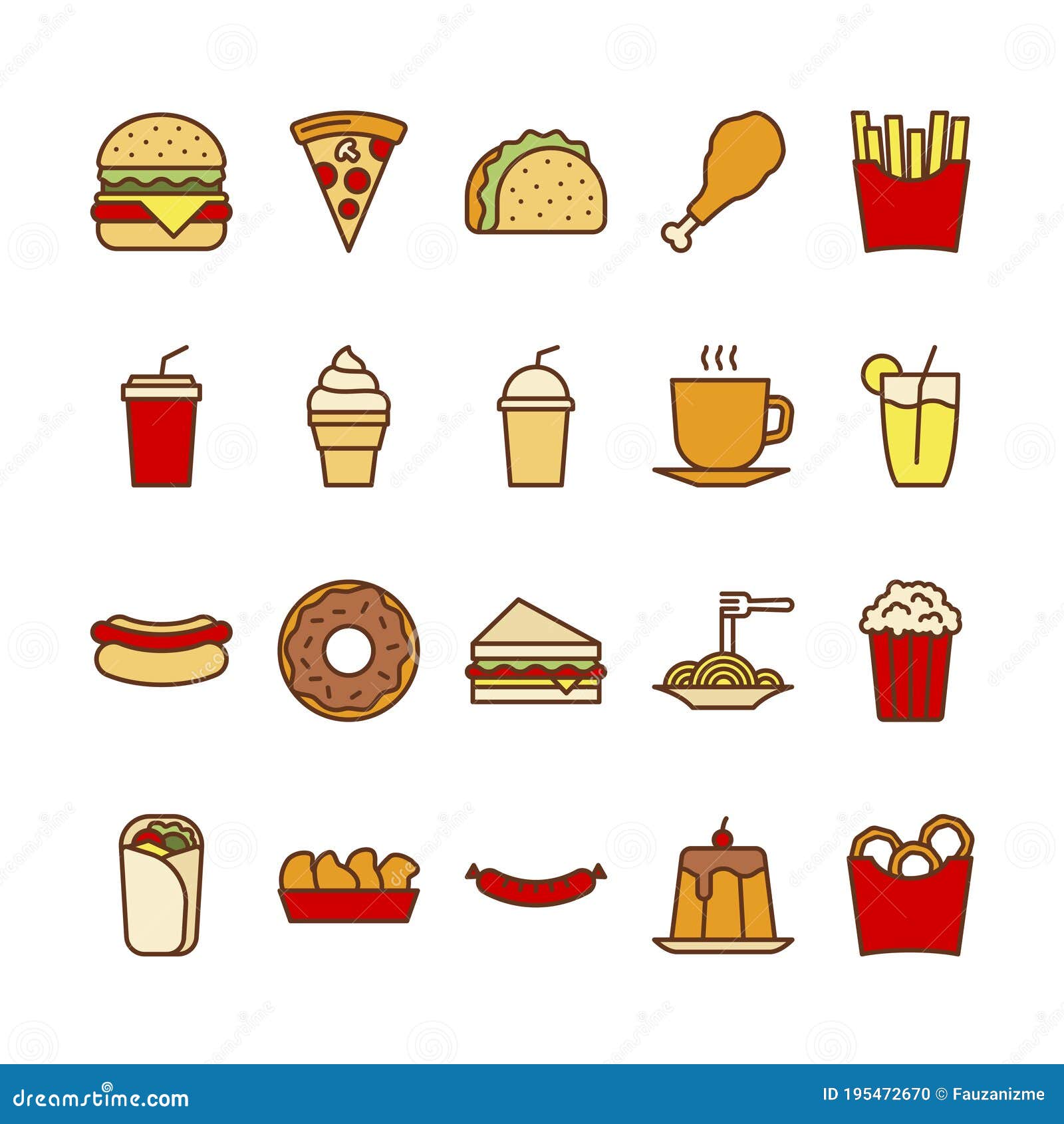 Fast Food Filled Outline Icon Set Stock Vector - Illustration of meat ...