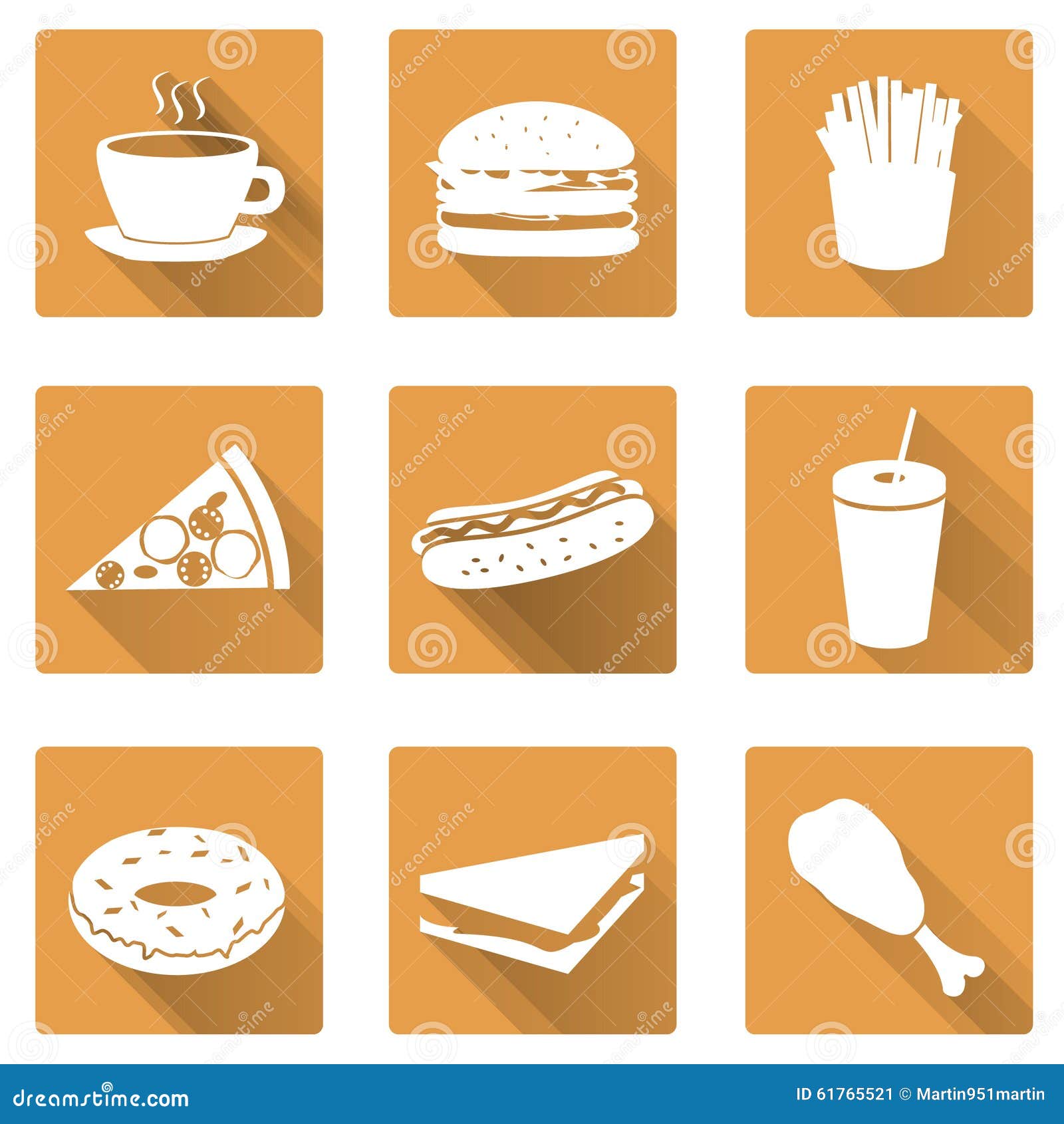 Fast Food Flat Orange Icons with Shadow Set Stock Vector - Illustration ...