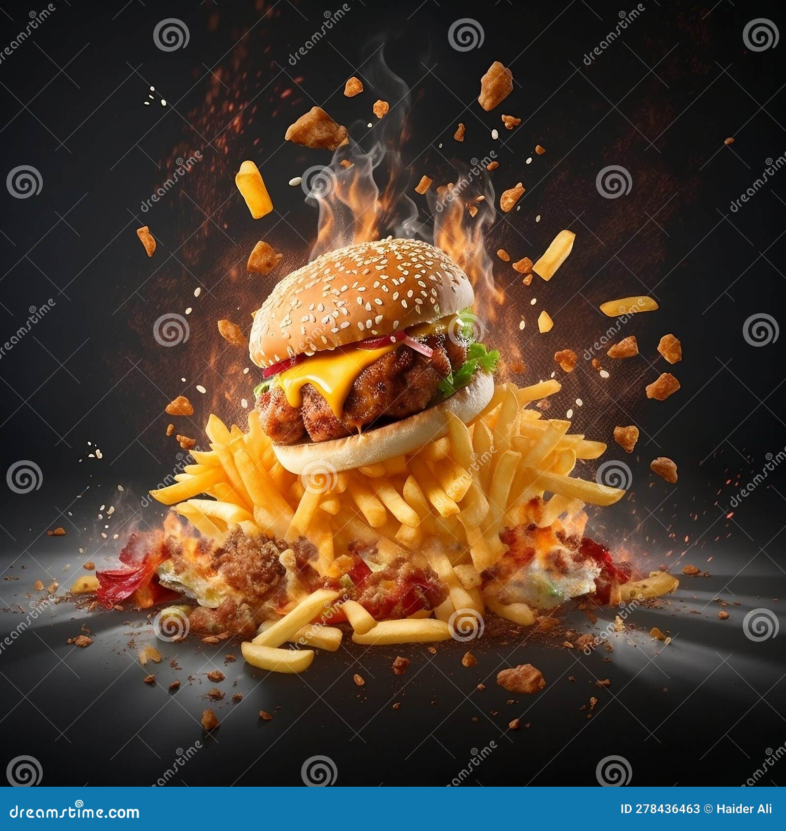 Fast Food Flying and Exploding on a Dark Background. AI Stock ...