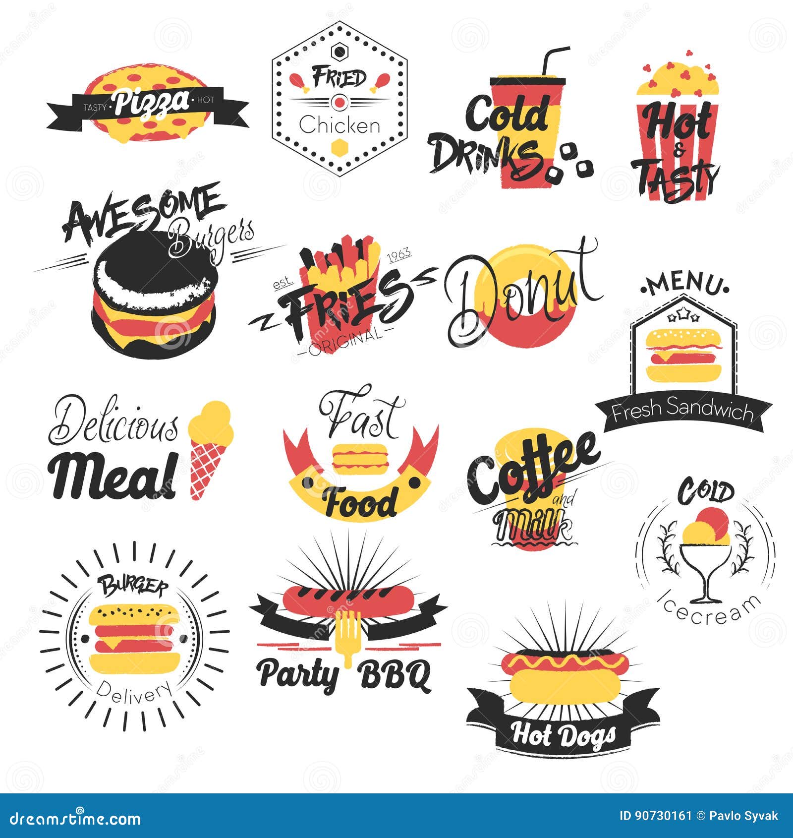 Fast Food Hand Drawn Logos stock vector. Illustration of drawn - 90730161
