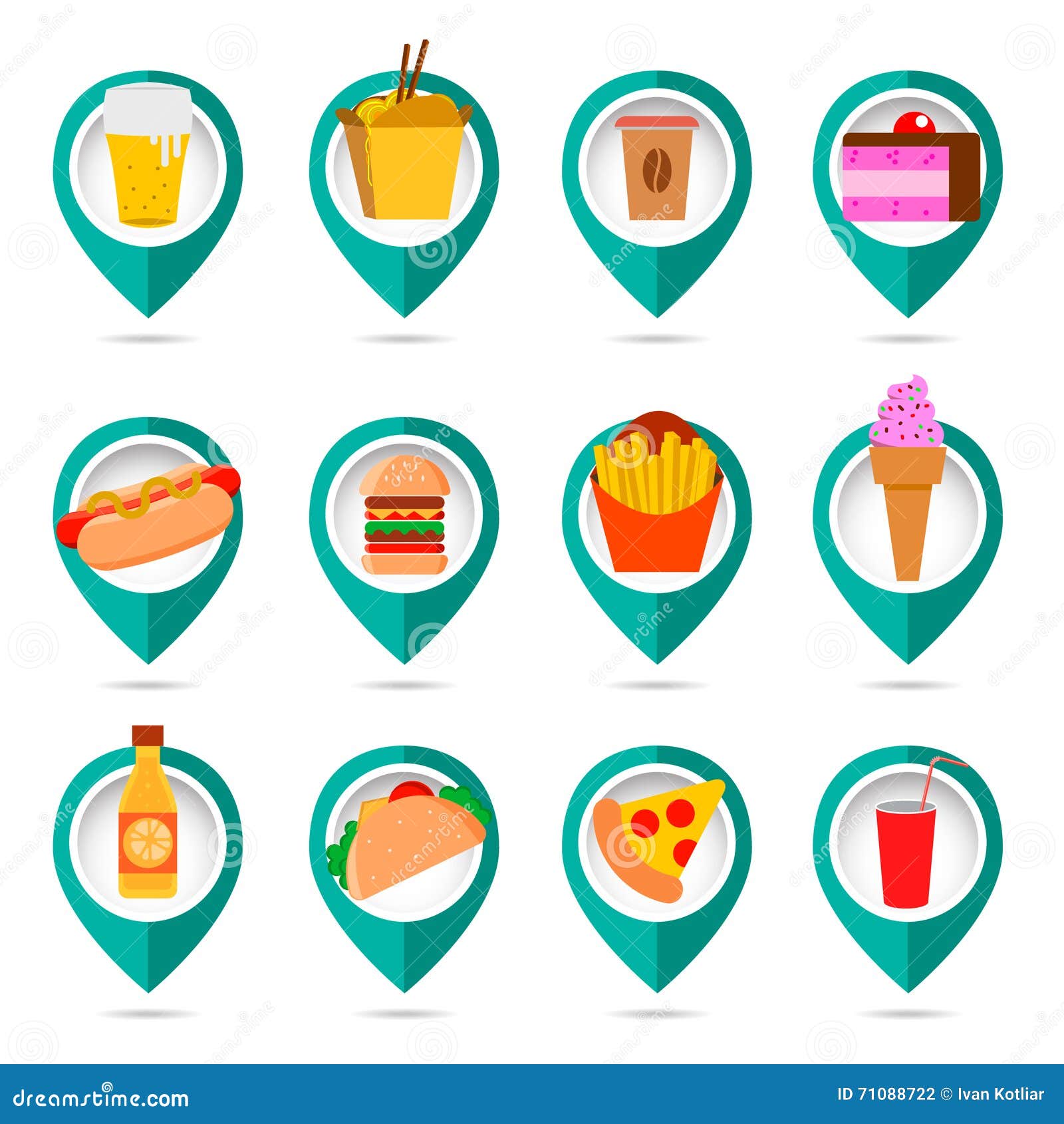 Fast Food Icons with Map Marks Stock Vector - Illustration of dinner ...