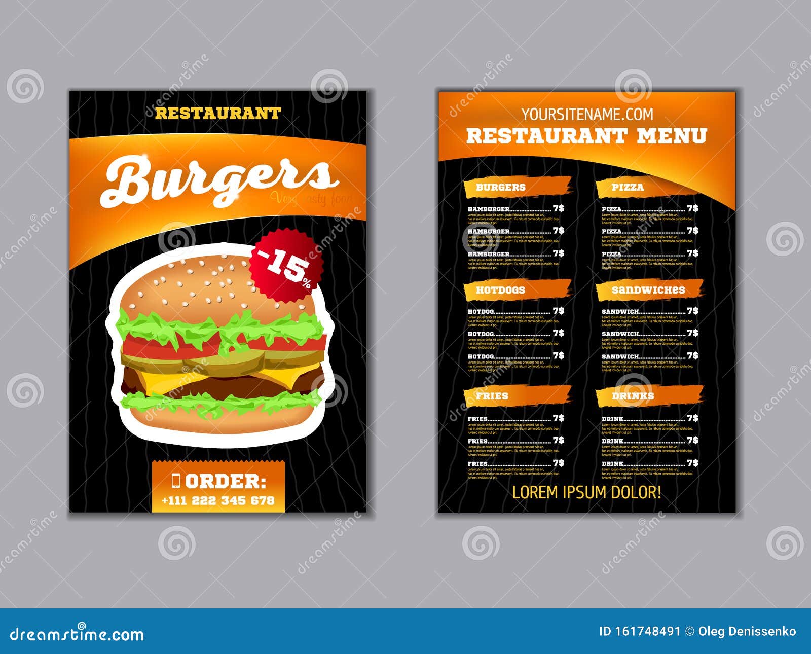 Fast Food Menu Brochure Design on a Dark Background Vector Template in ...