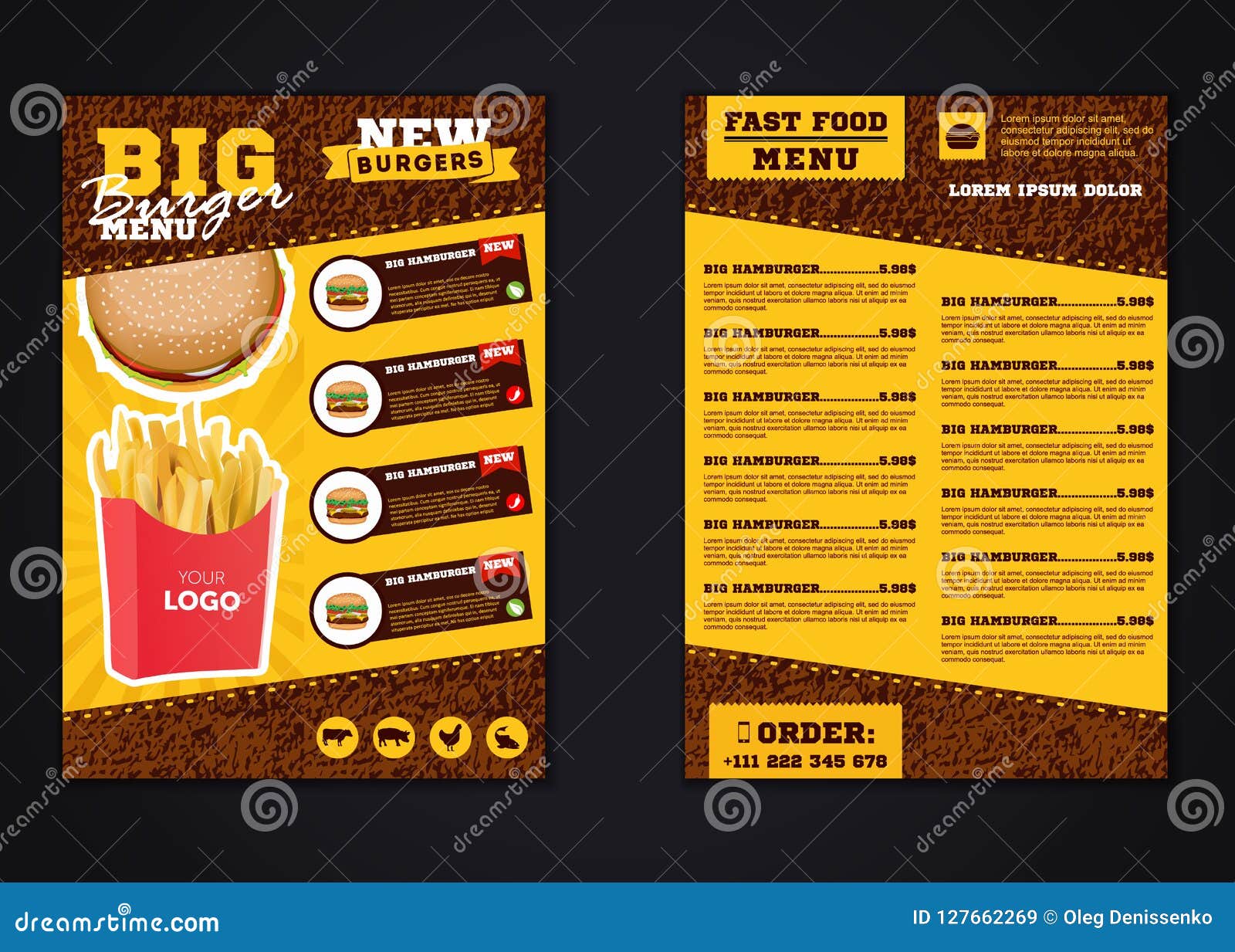 Fast Food Menu Brochure Design Vector Template in A4 Size. Flyer, Baner ...
