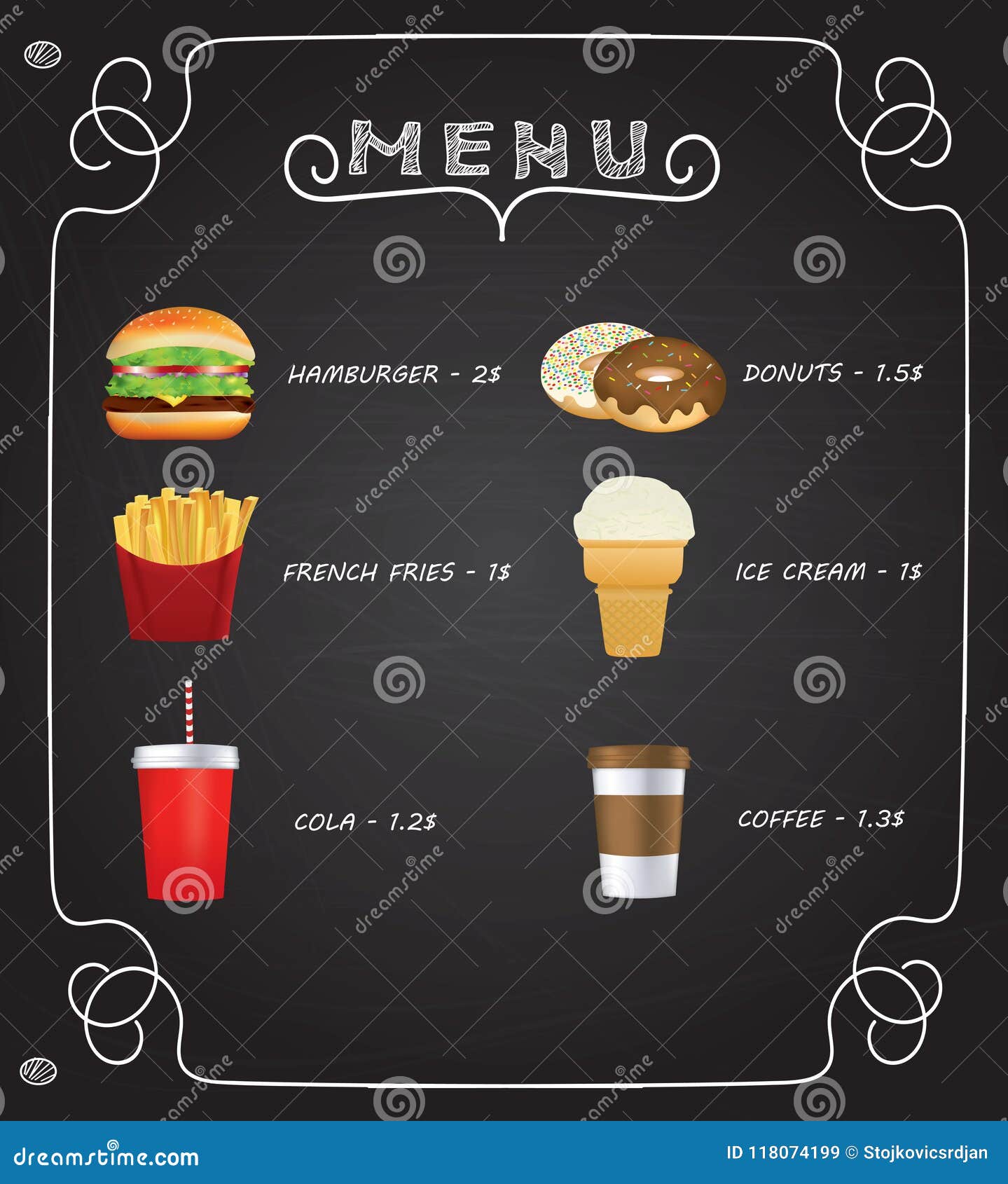 Fast Food Menu on Chalkboard Stock Vector - Illustration of coffee ...