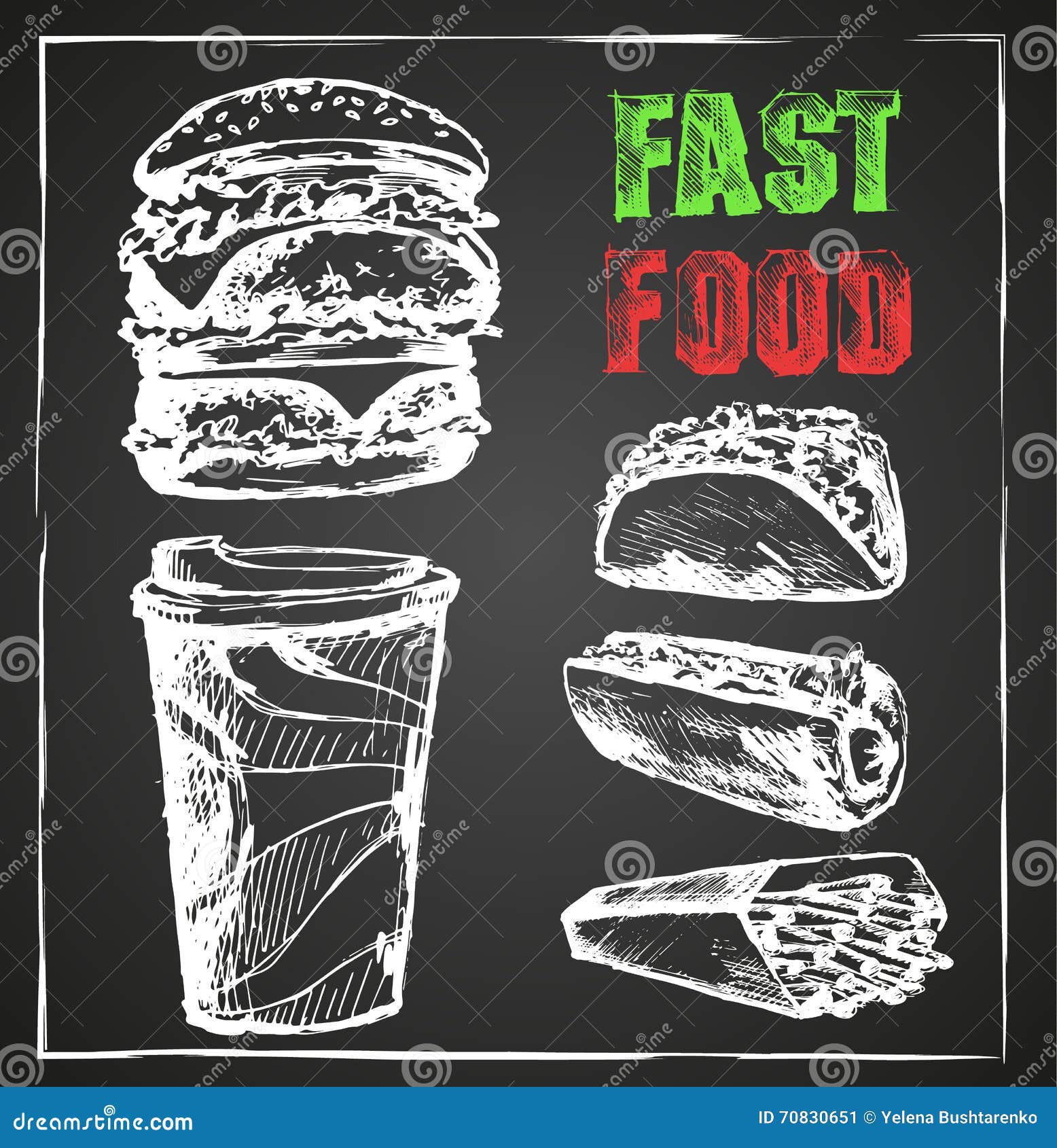 Fast Food, Menu, Hand Drawn Chalk Board Stock Vector - Illustration of ...