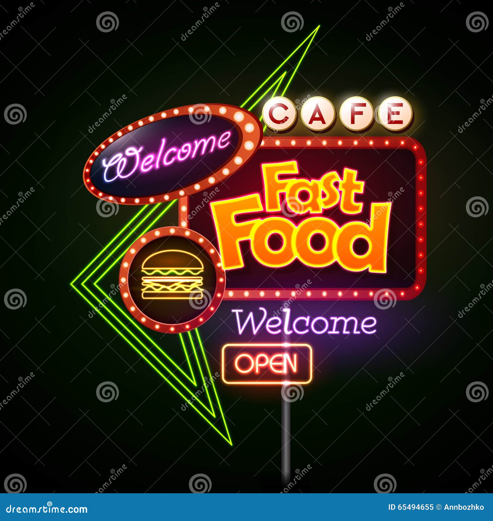 Fast Food Neon sign stock vector. Illustration of hamburger - 65494655