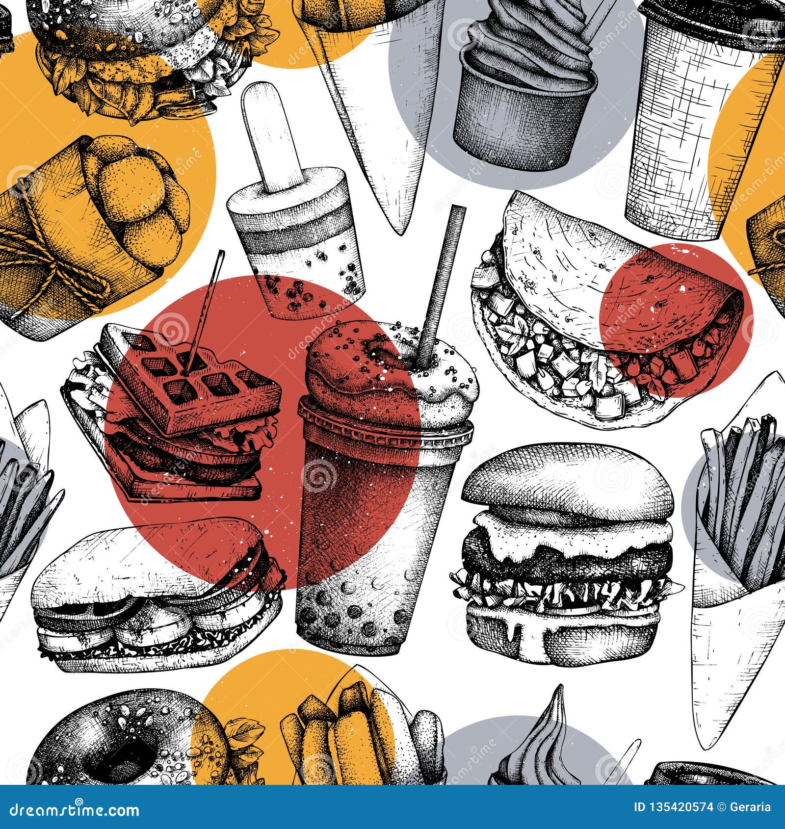 Seamless Pattern with Hand Drawn Fast Food Illustrations. Vintage ...